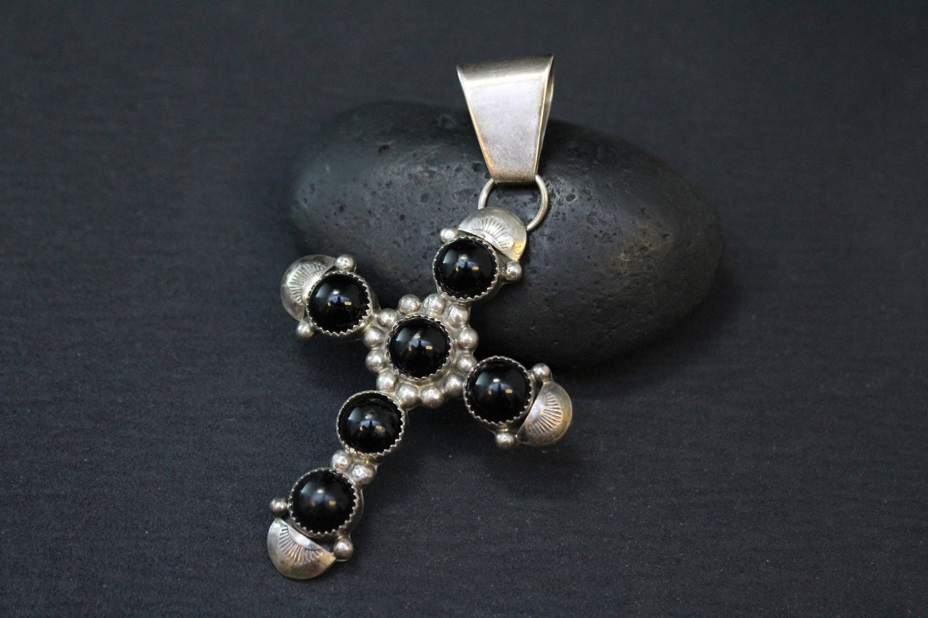 Large Sterling Silver Native American Onyx Cross Pendant, Native ...