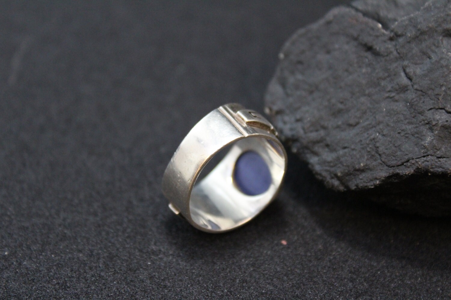 Sterling Silver and Synthetic Star Sapphire Greed Key Unisex Band Ring