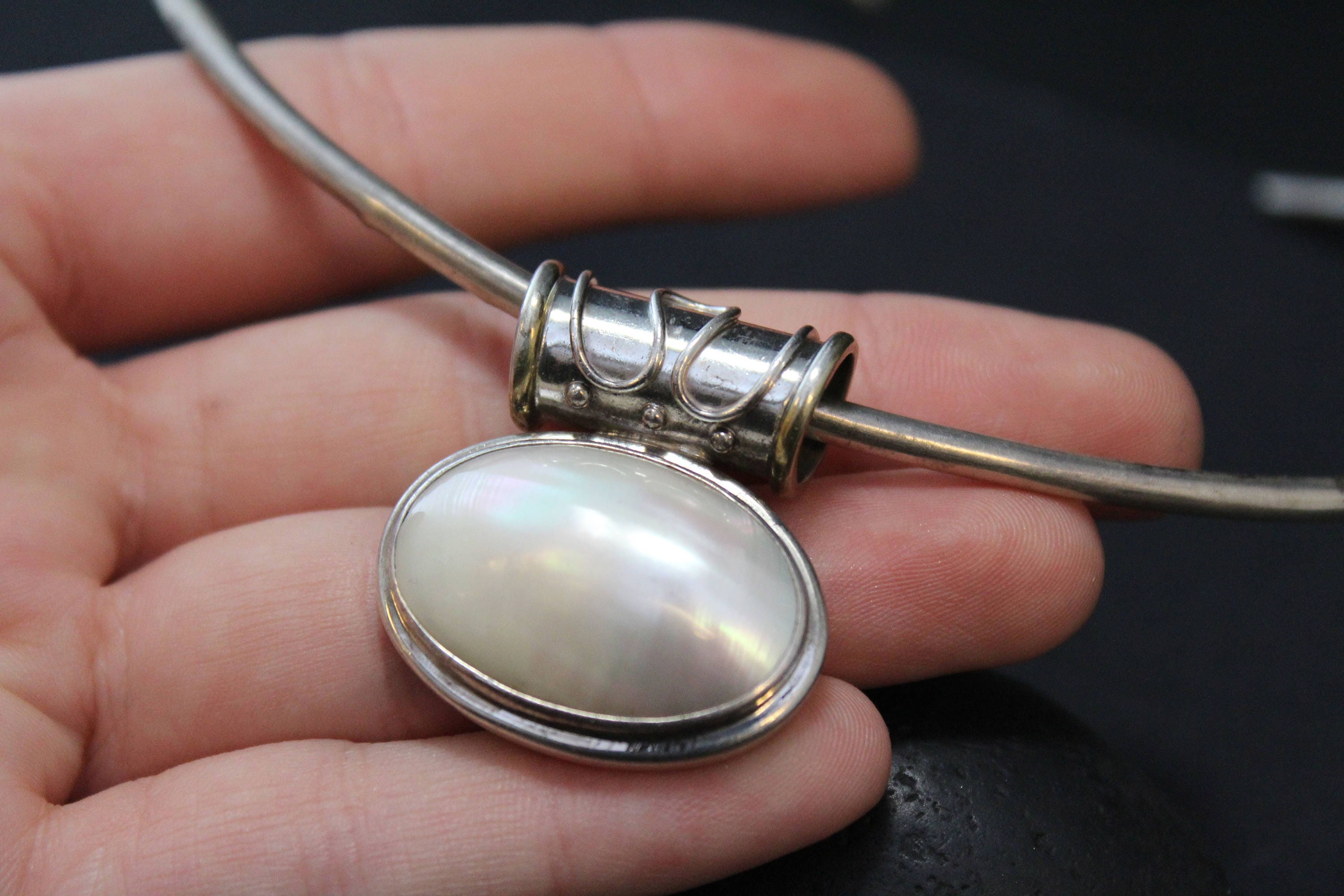 Sterling Silver Mother Of Pearl Oval Slide Pendant On Sterling Collar Mother Of Pearl Necklace