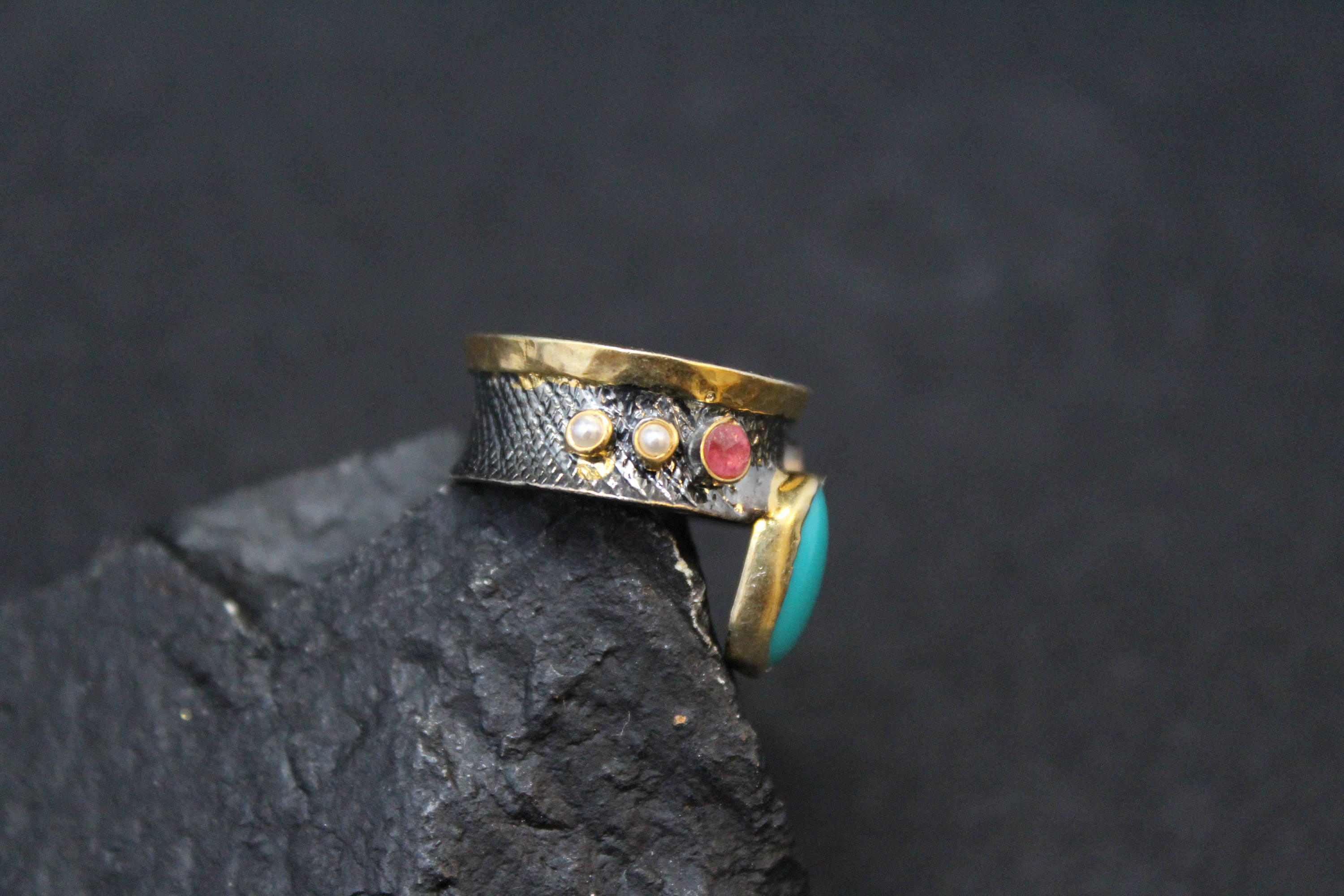 Oxidized Sterling Silver and Gold Turquoise Artisan Designer Ring ...