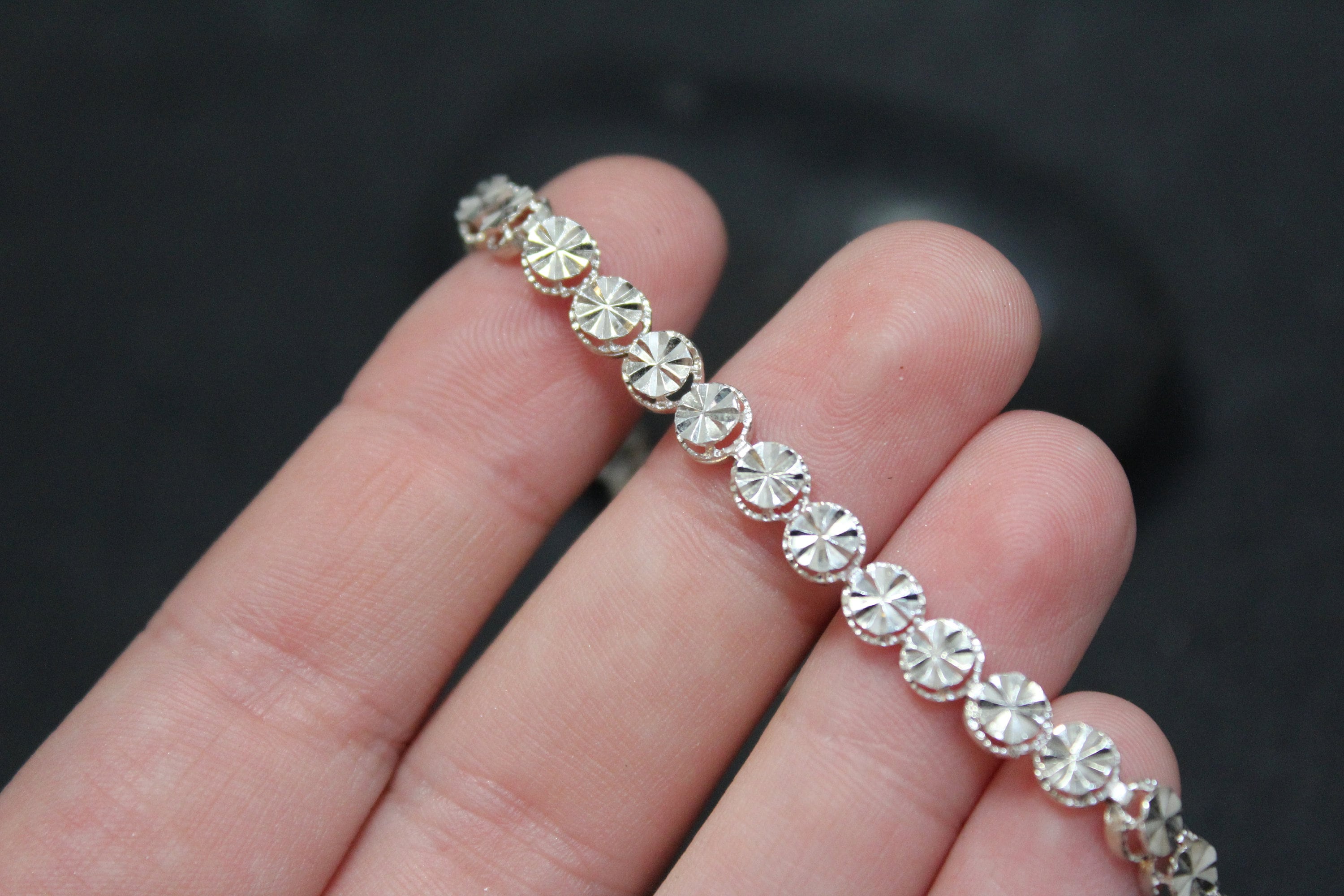 Sterling Silver Diamond Cut Link Bracelet, Sterling Silver Circle ...