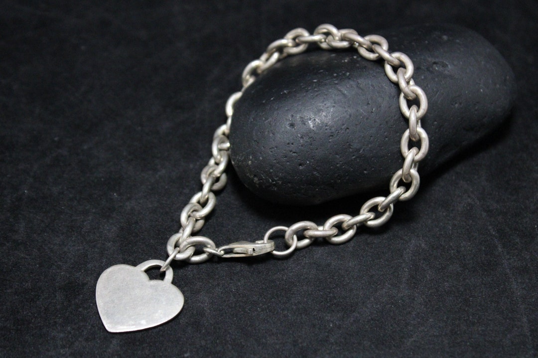 Sterling Silver Heart Charm Bracelet, Heart Tag Sterling Silver ...