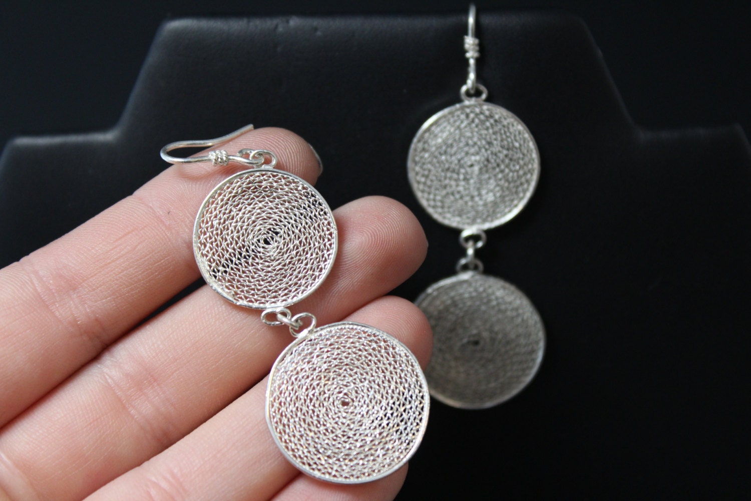 Sterling Silver Modernist Intricate Mesh Dangle Circle Wire Earrings