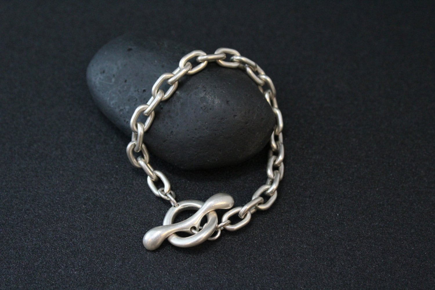 Heavy Sterling Silver Cable Link Bracelet with Abstract Toggle Clasp