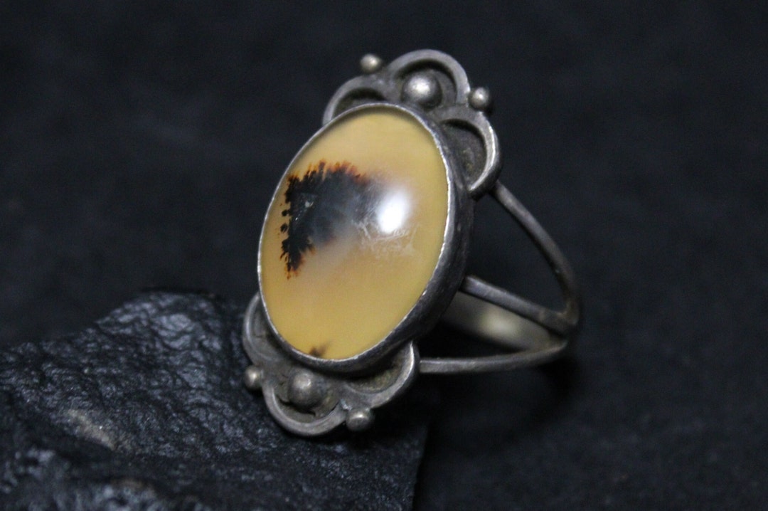 Vintage Sterling Silver Dendritic Agate Beaded Edge Ring, Dendritic ...