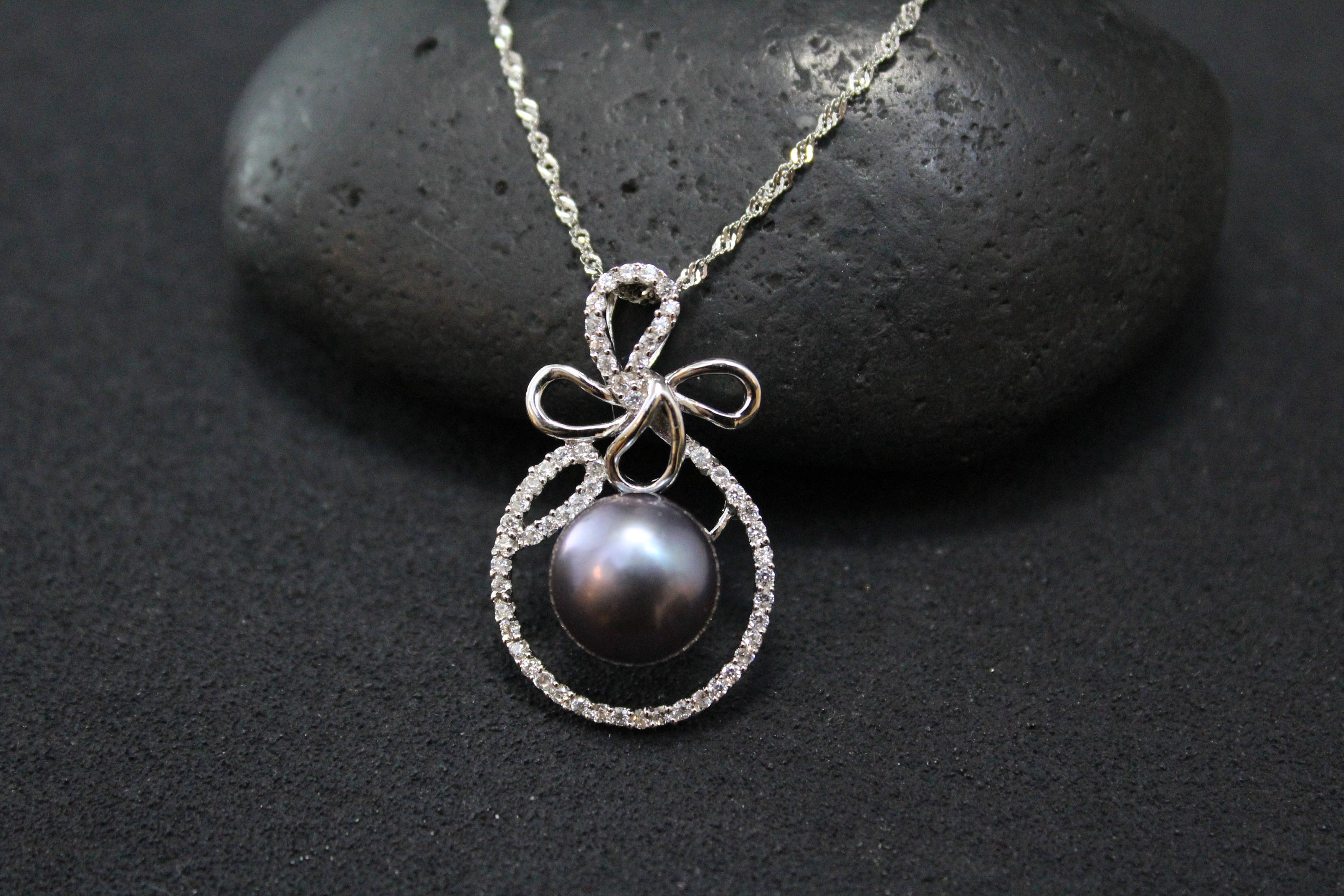 Sterling Silver And Black Pearl Necklace With Cz Accents Etsy