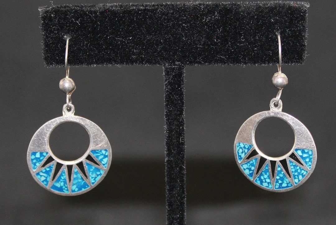 Turquoise Mosaic Inlay Earrings, Sterling Silver Turquoise Inlay ...