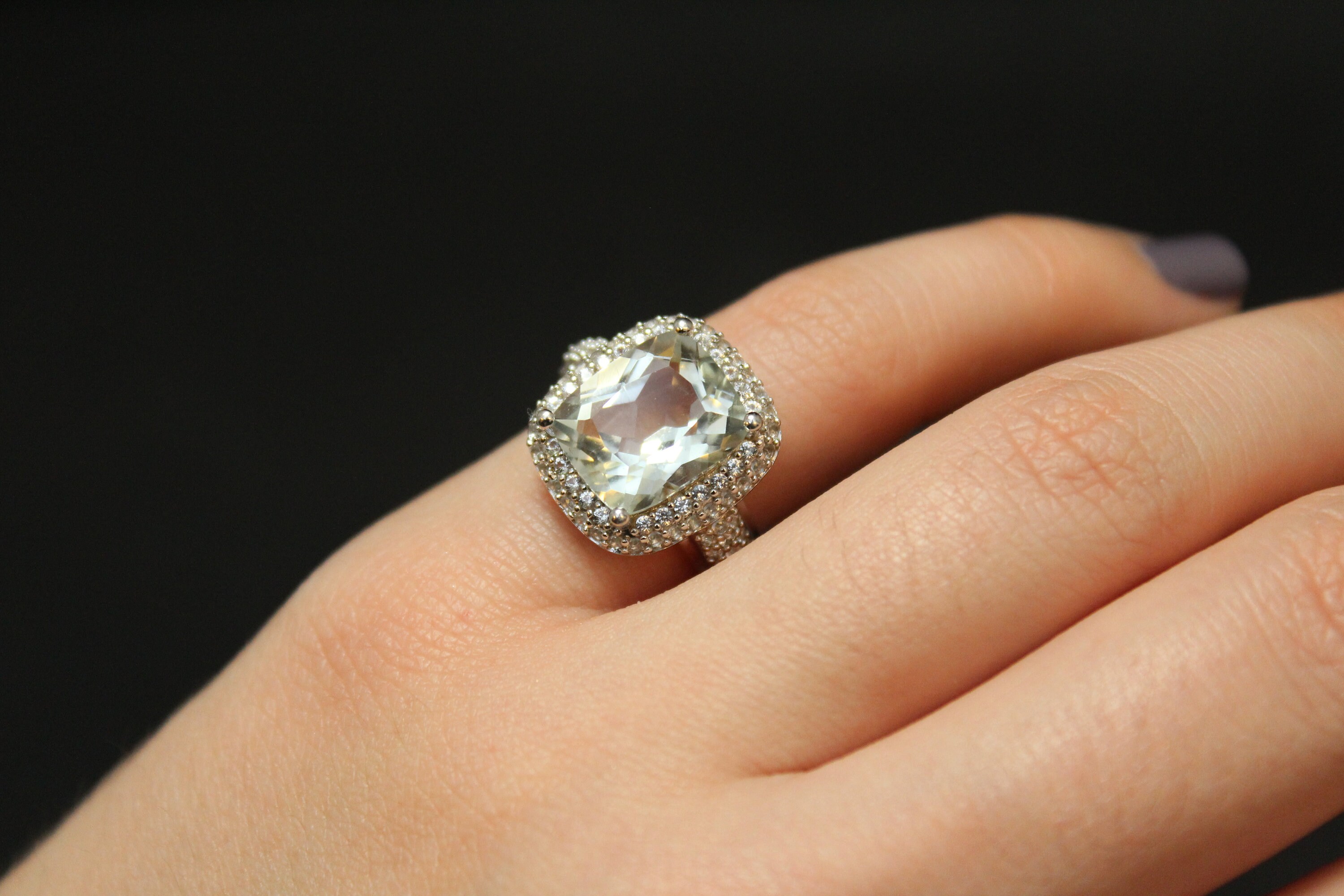 Sterling Silver Cushion Cut Prasiolite Ring with White Topaz and Chrome ...