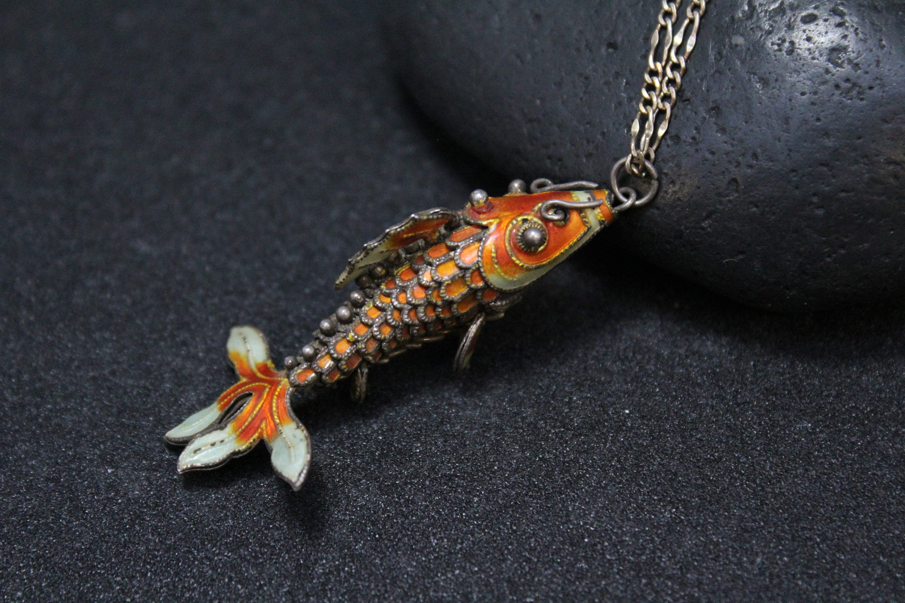 Unique Silver Gold Overlay Enamel Koi Fish Necklace, Articulated Fish ...
