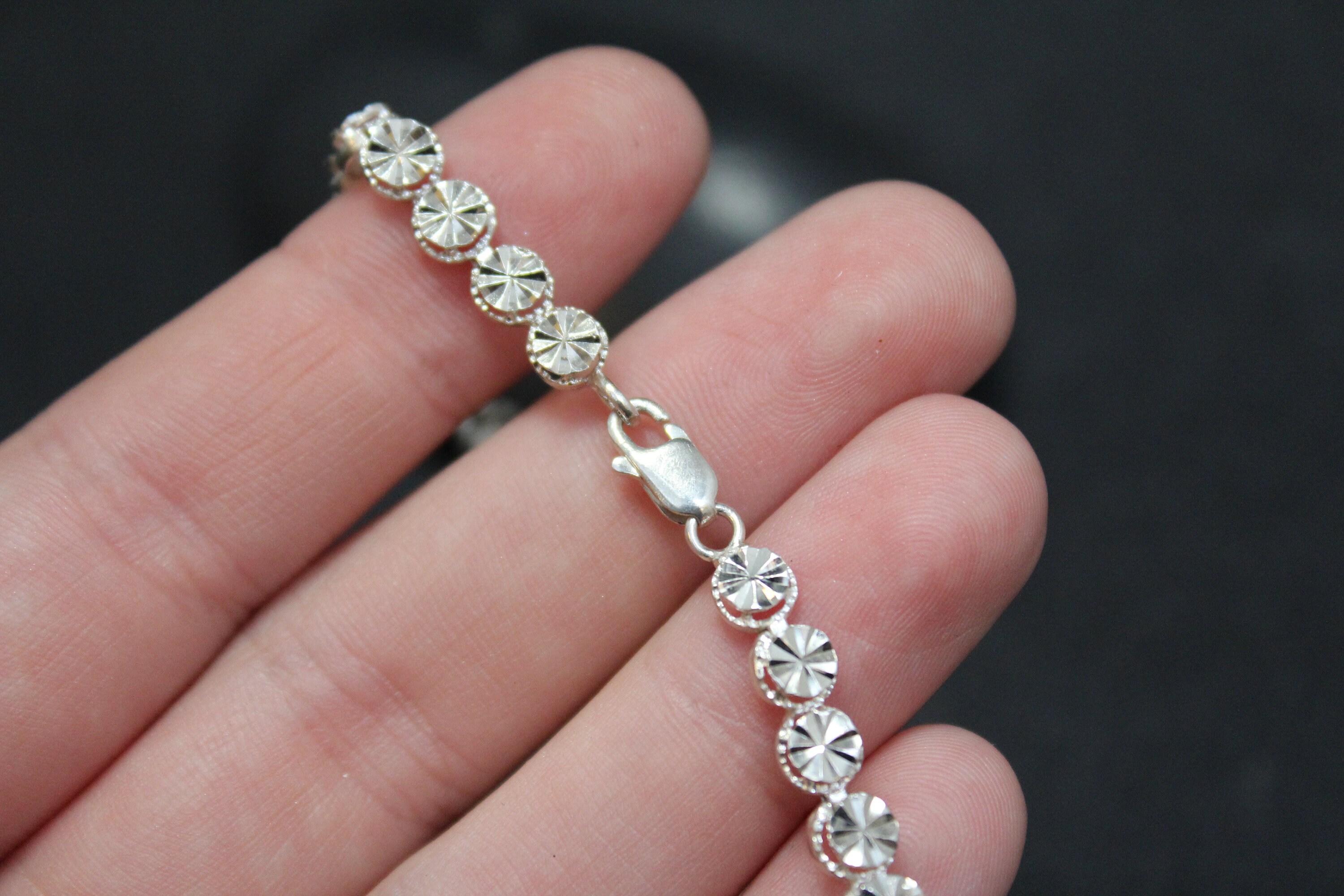 Sterling Silver Diamond Cut Link Bracelet, Sterling Silver Circle ...