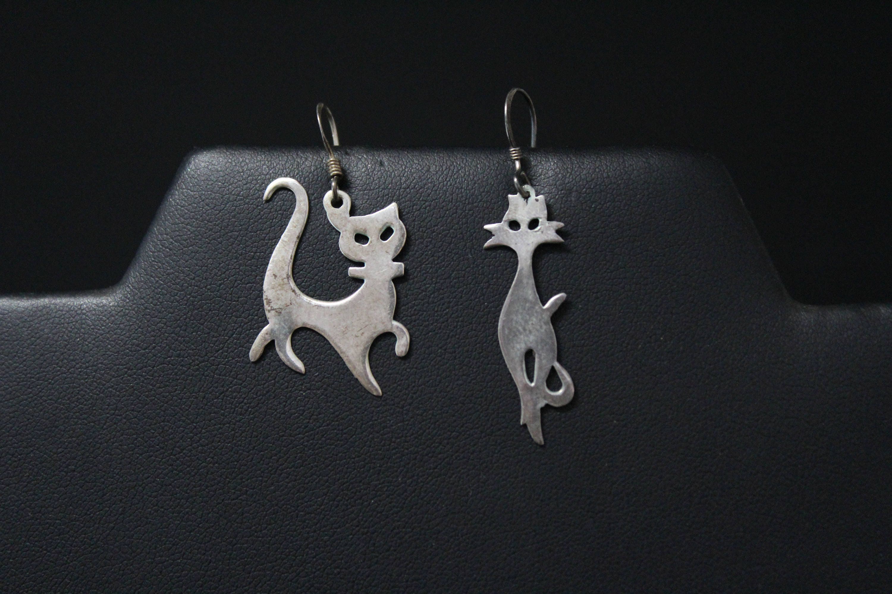 Sterling Silver Mismatched Cat Earrings, Sterling Silver Cat Dangle ...