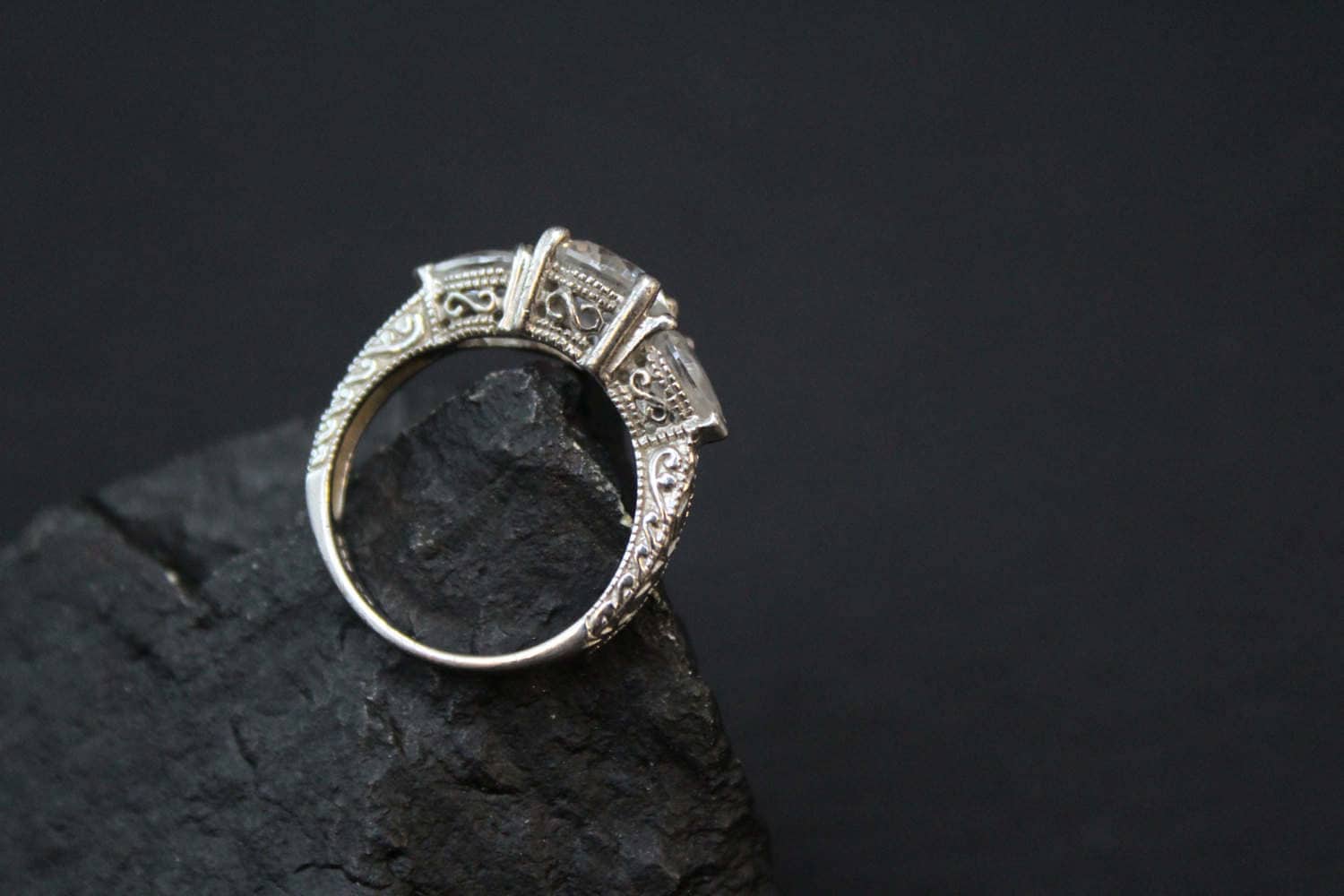 Sterling Three Stone CZ Ring, CZ Cocktail Ring, Pear Shaped CZ, Genuine ...