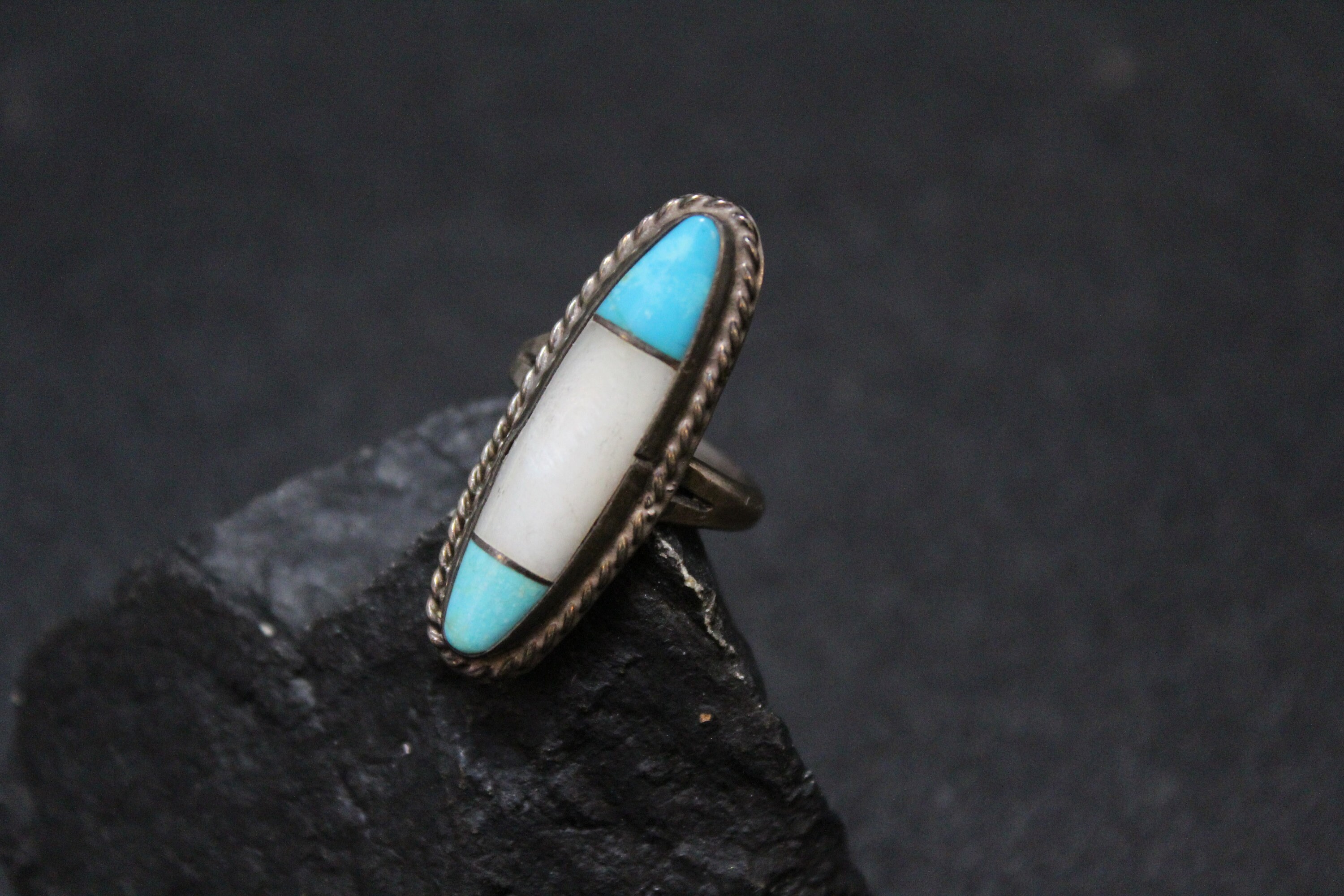 Sterling Silver Native American Long Turquoise and Mother of Pearl Ring ...