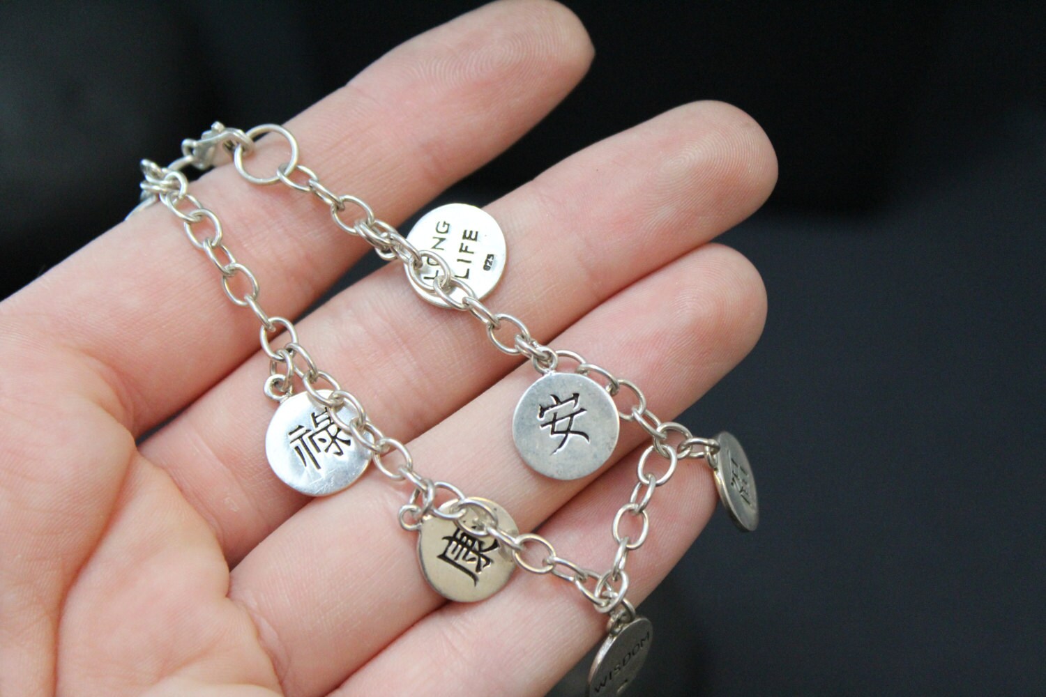Sterling Silver Chinese Character 8 Charm Bracelet with Love, Wealth ...