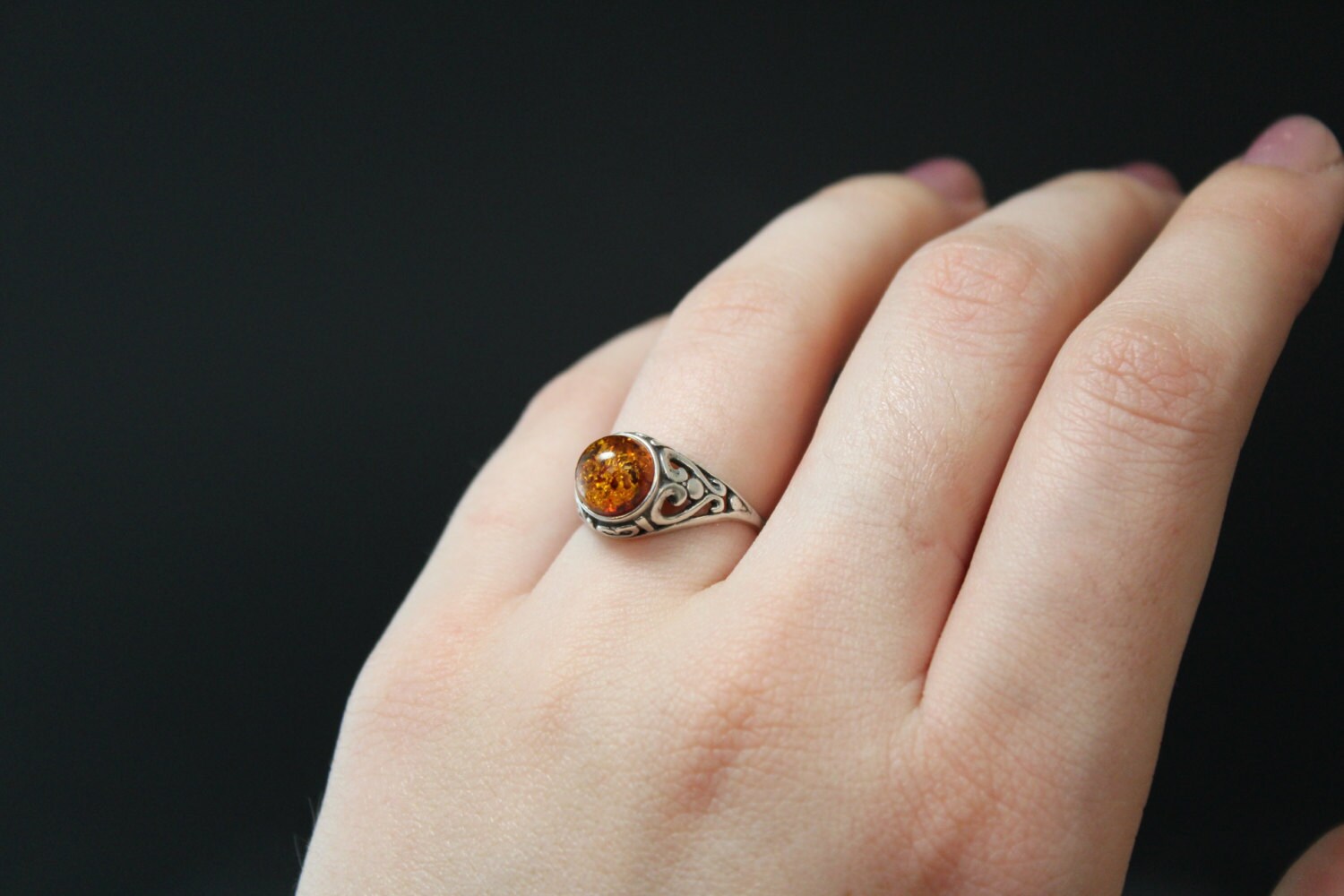 925 Sterling Silver Boho Sun-Spangled Amber Filigree Heart Ring ...