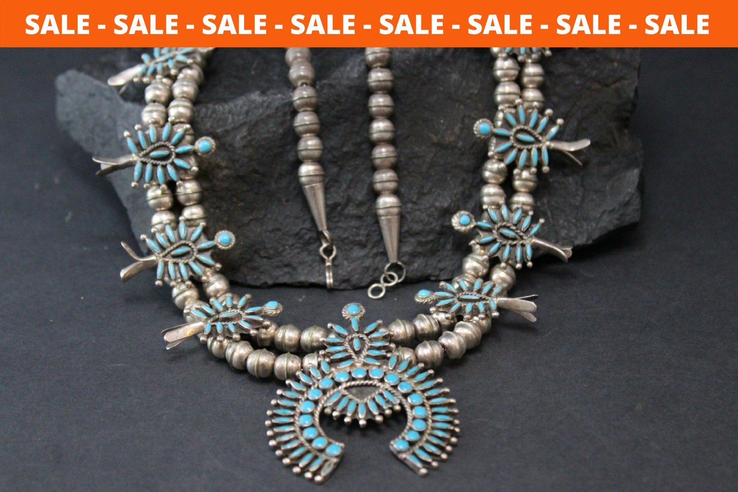 Old Pawn Native American Zuni Petit Point Turquoise Squash Blossom Necklace
