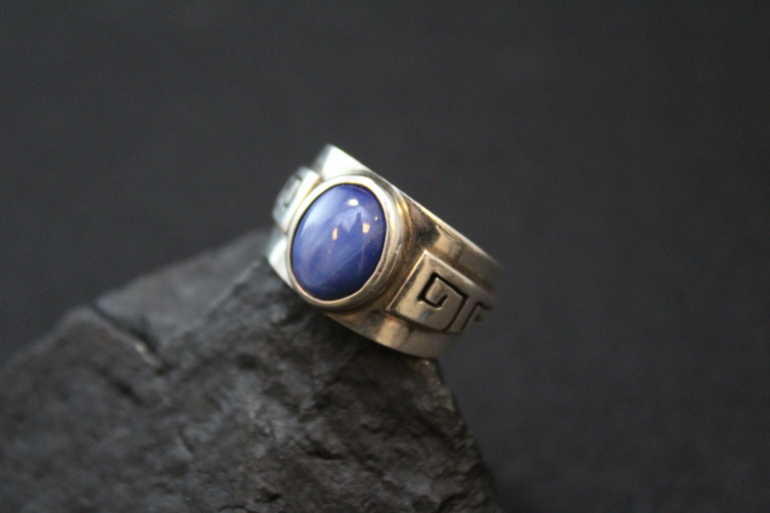 Sterling Silver and Synthetic Star Sapphire Greed Key Unisex Band Ring