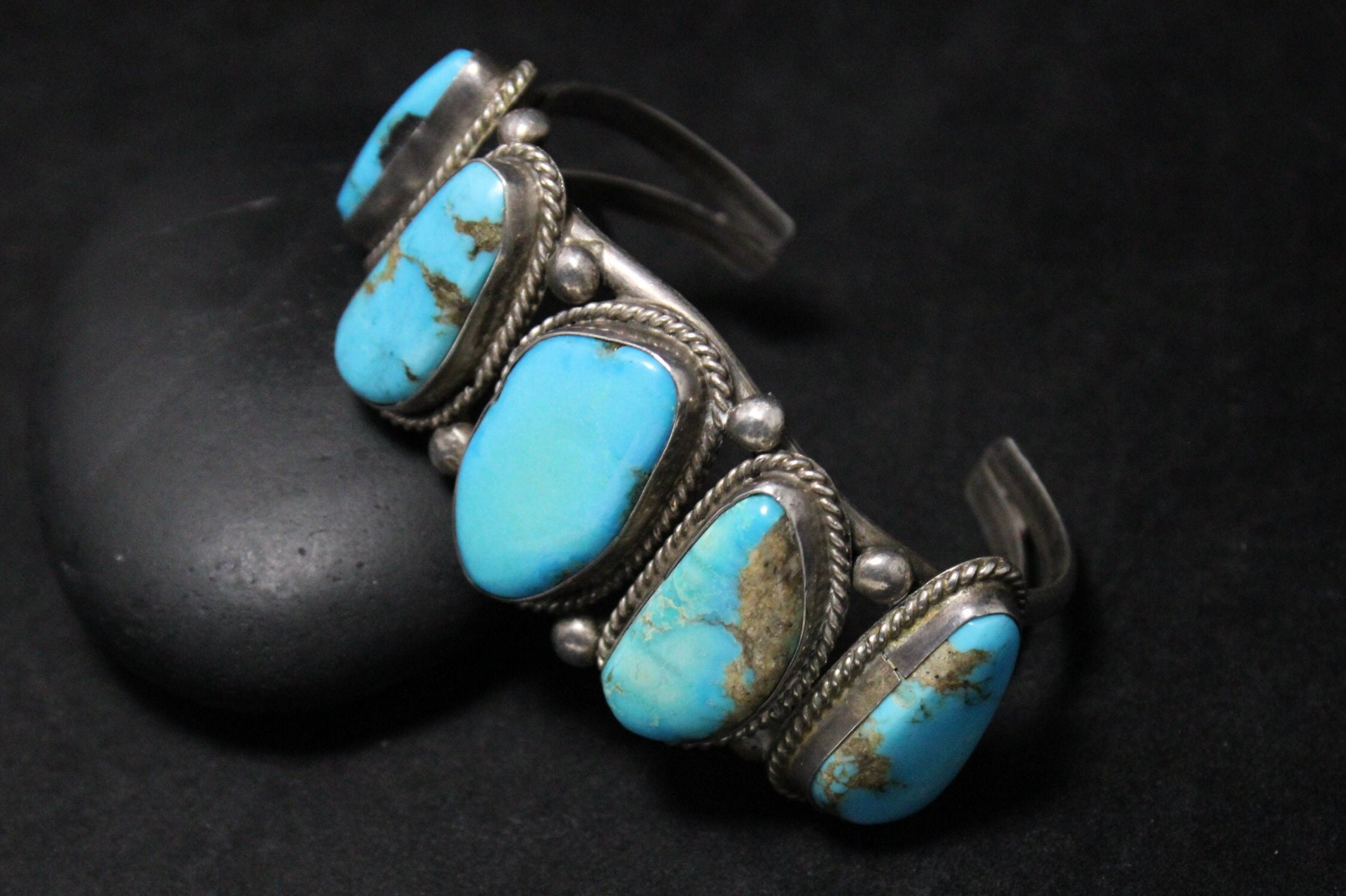 Sterling Silver Old Pawn 5 Stone Turquoise Heavy Cuff Bracelet ...