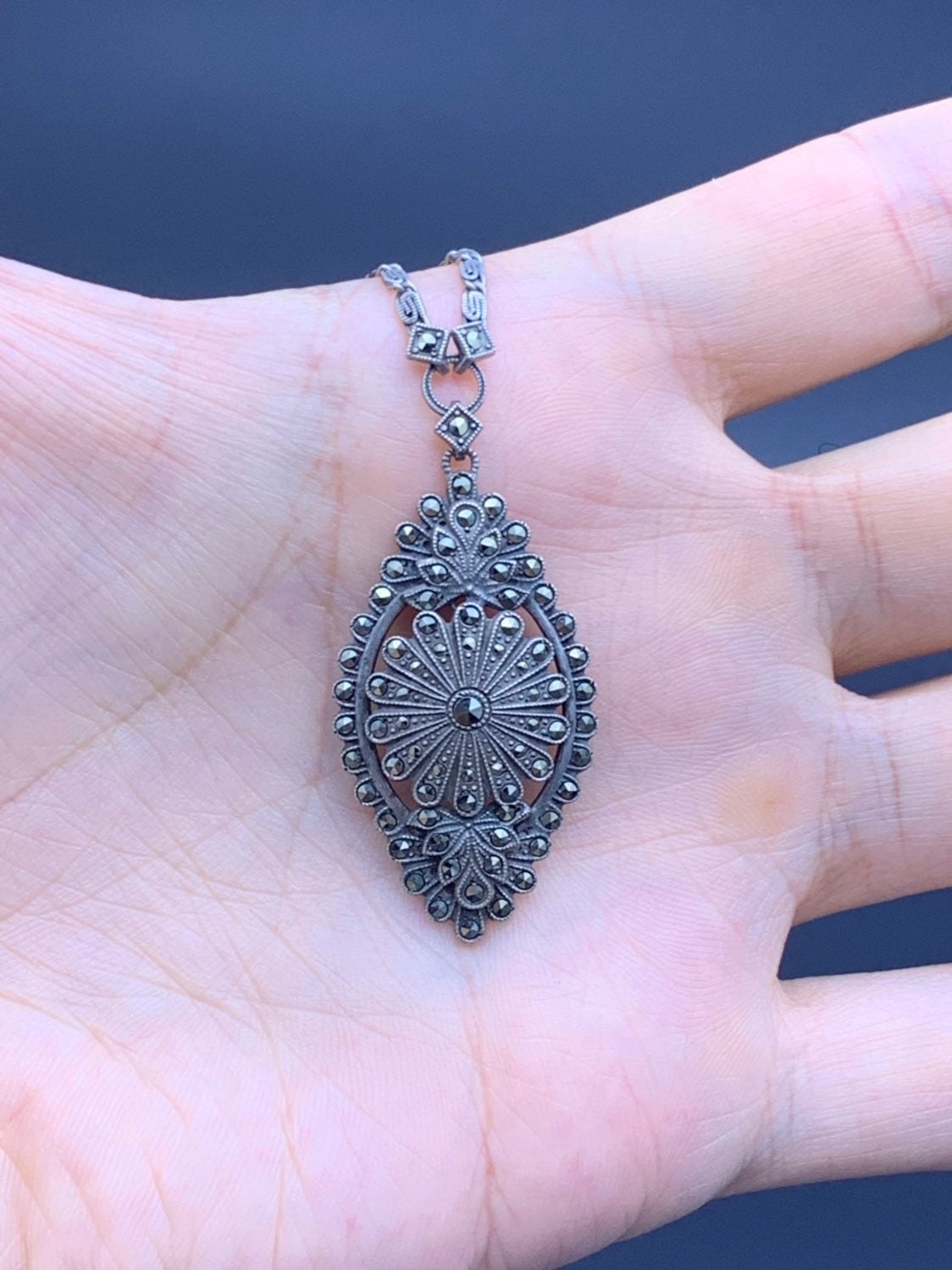 Sterling marcasite vintage necklace, 925 unique necklace, sterling link ...