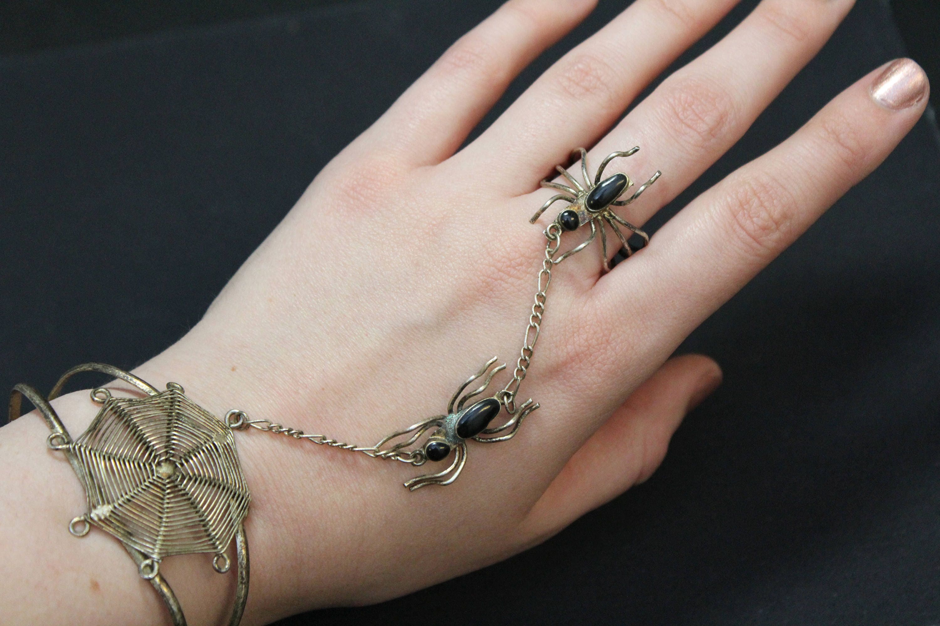 Nickel Silver and Onyx Spider Slave Bracelet, Spider Jewelry, Silver ...
