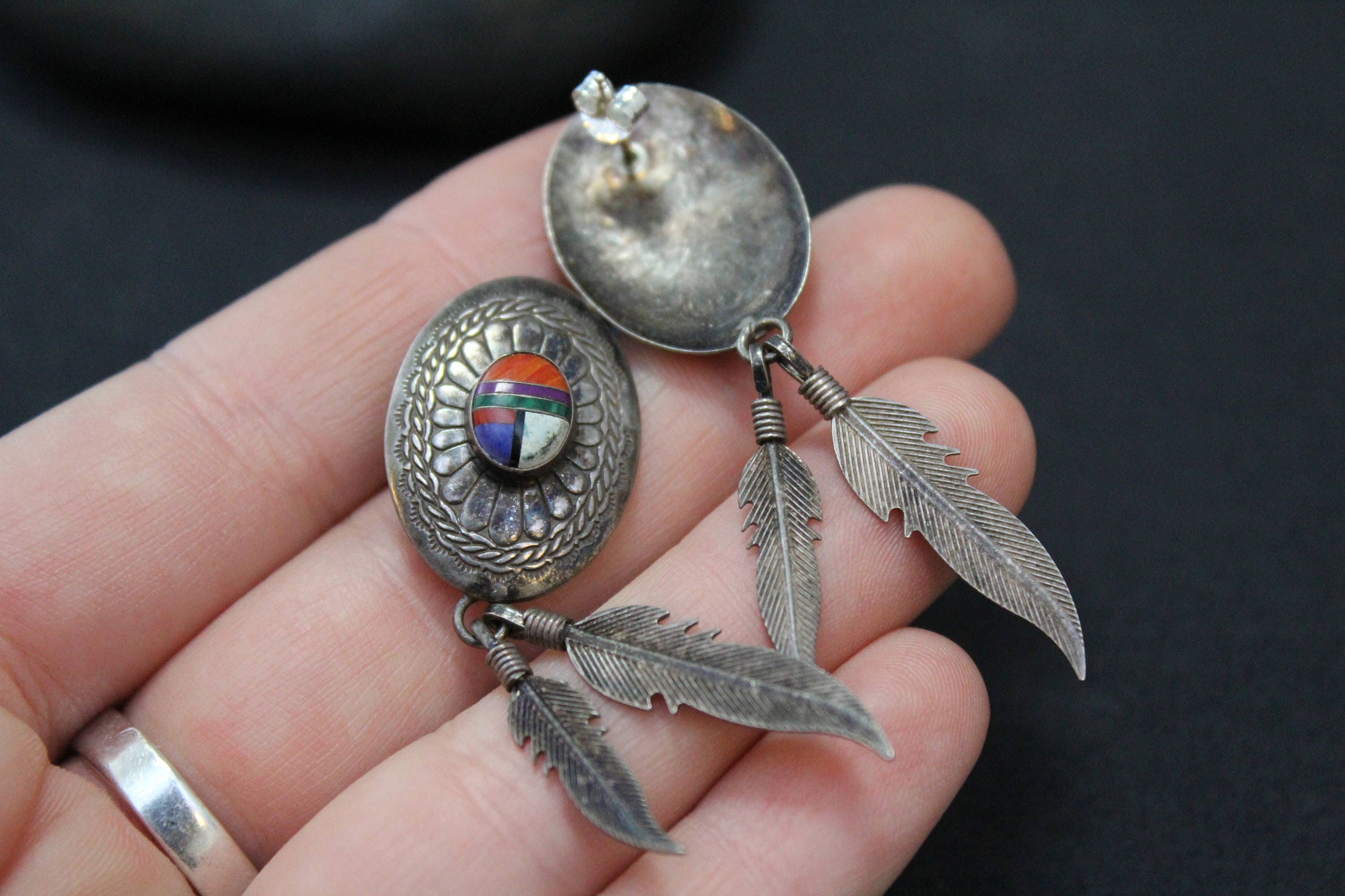 Sterling Silver Native American Inlay Dangle Feather Earrings, Navajo ...