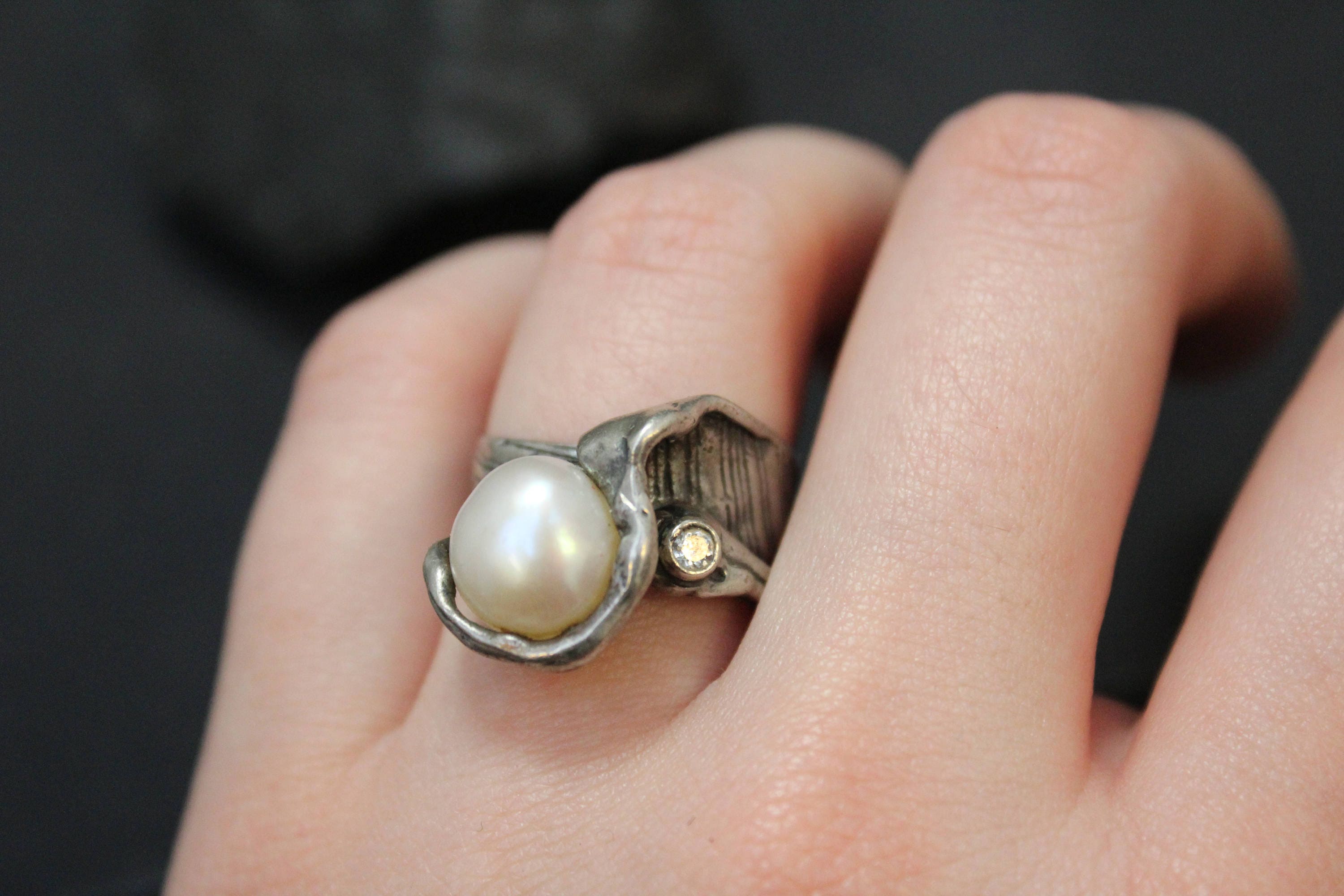 Sterling Silver Brutalist Pearl and CZ Ring, Free Form Sterling Silver ...