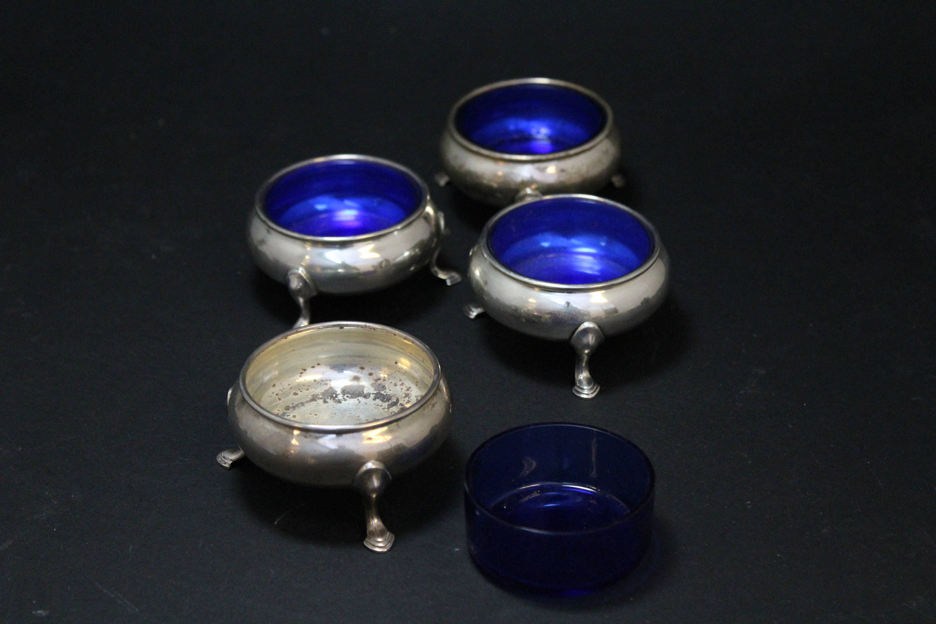 Set of Four Sterling Silver Salt Cellars with Cobalt Blue Glass Inserts ...