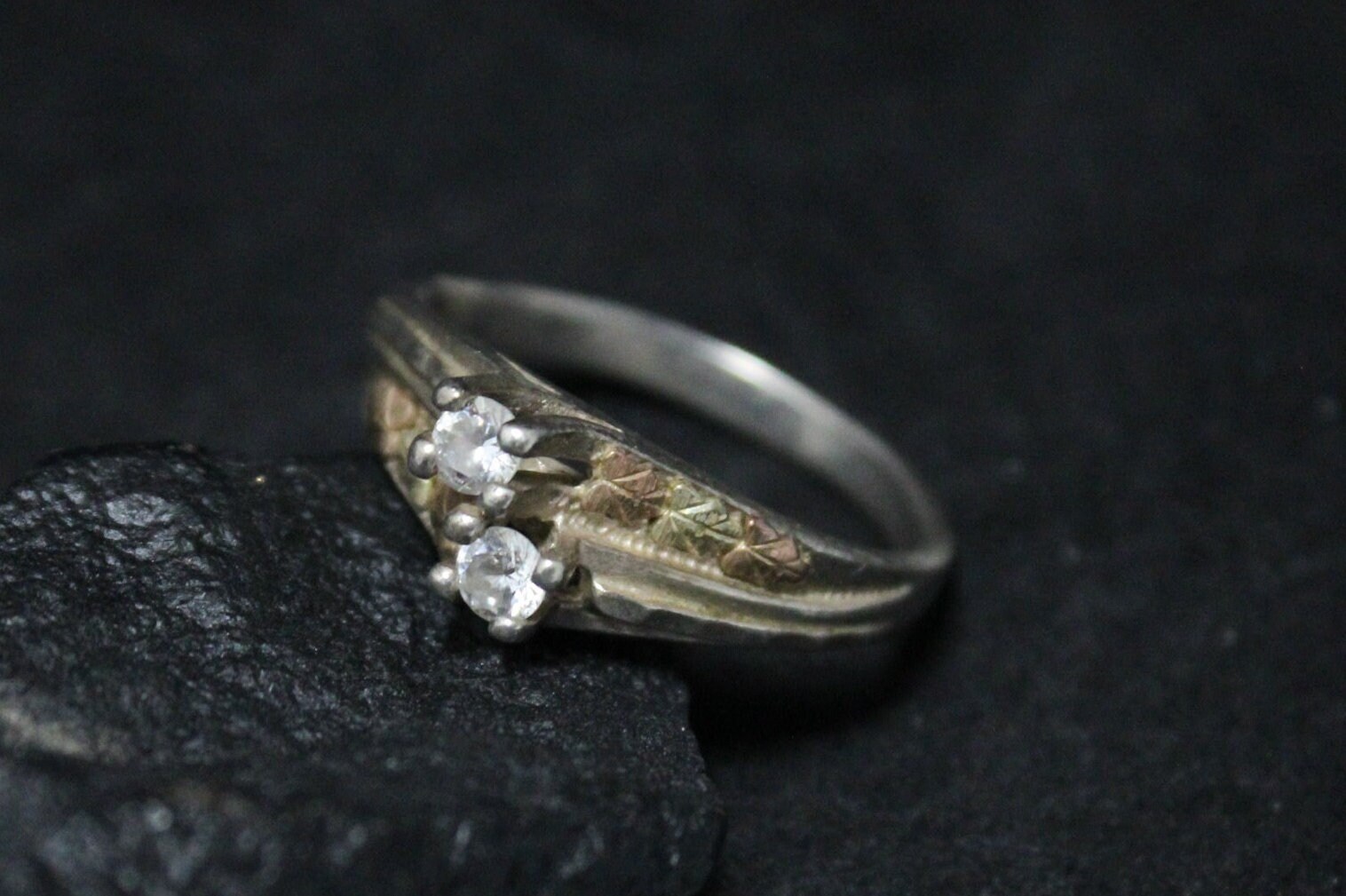 Vintage Black Hills Gold Sterling Silver and 12K Two Tone Leaf Promise Ring With CZ Size 8 ...
