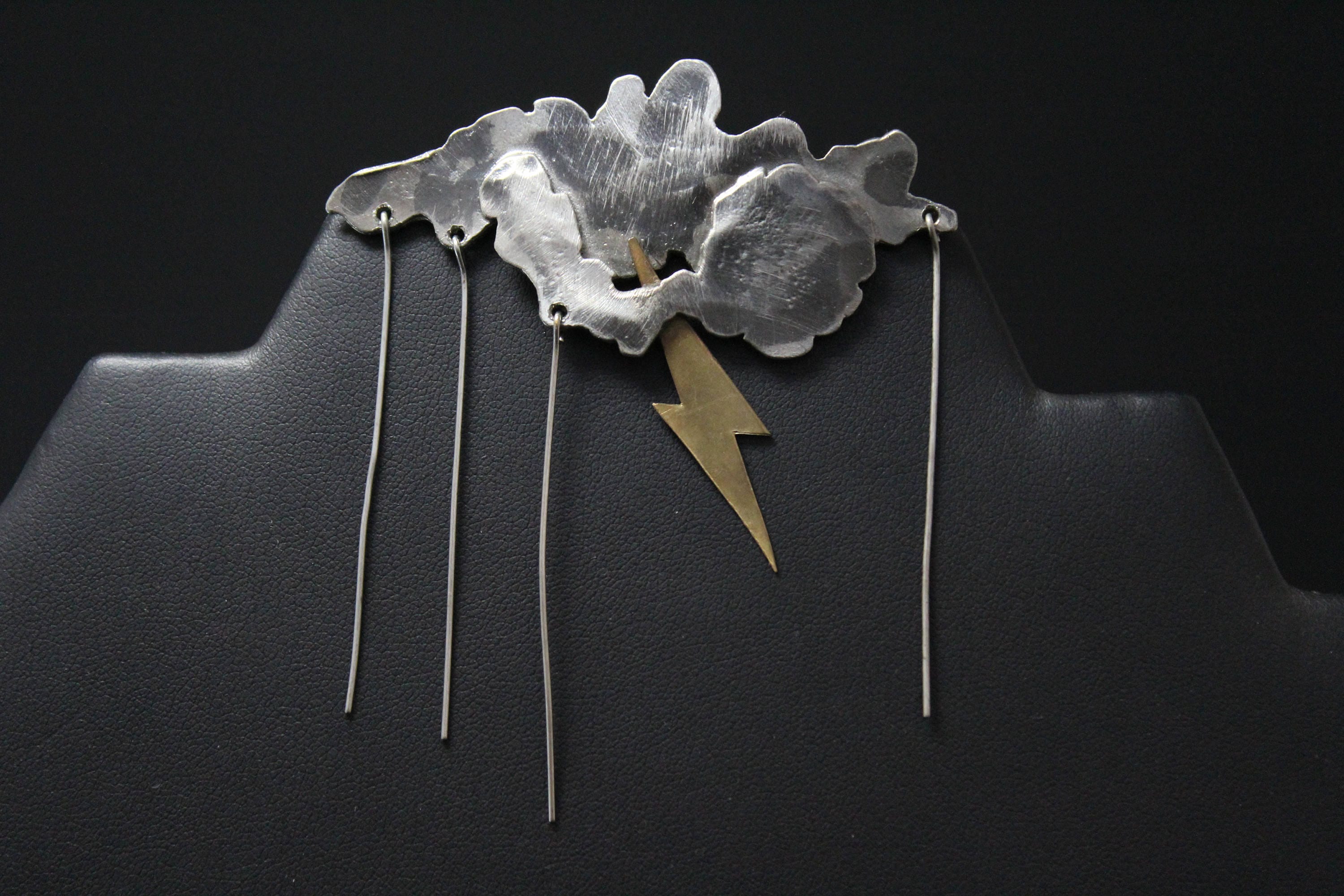 Mixed Metal Tin and Brass Storm Cloud Brooch, Lightning Pin, Quirky ...