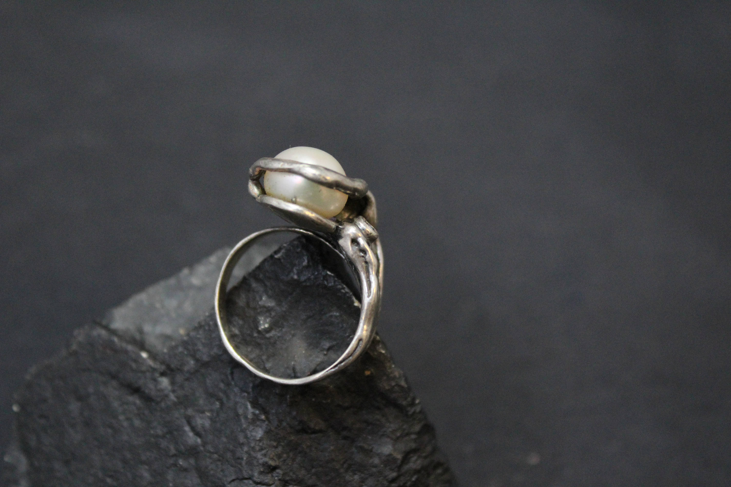 Sterling Silver Brutalist Pearl and CZ Ring, Free Form Sterling Silver ...