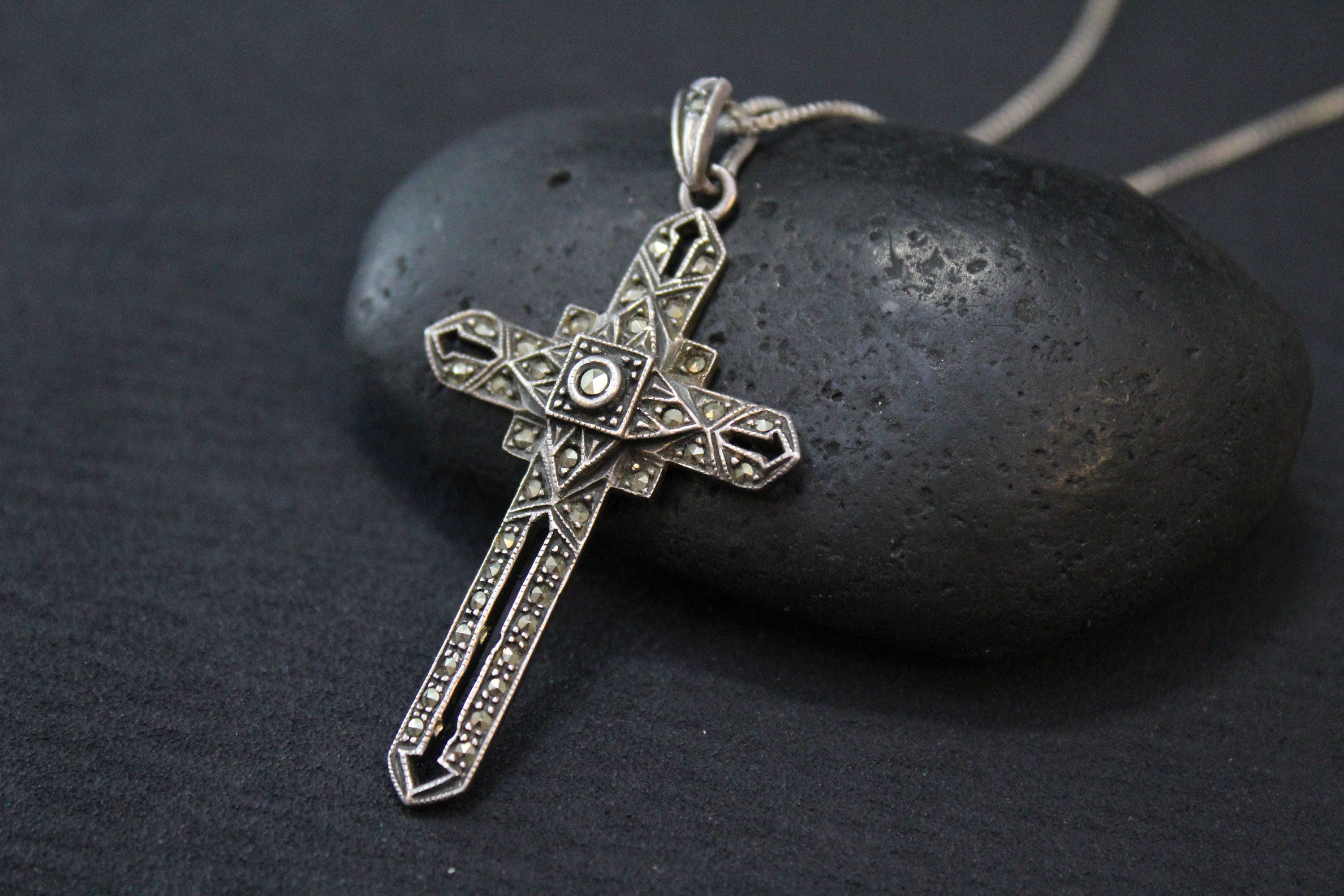 Sterling Silver Long Marcasite Cross Necklace, Marcasite Jewelry ...