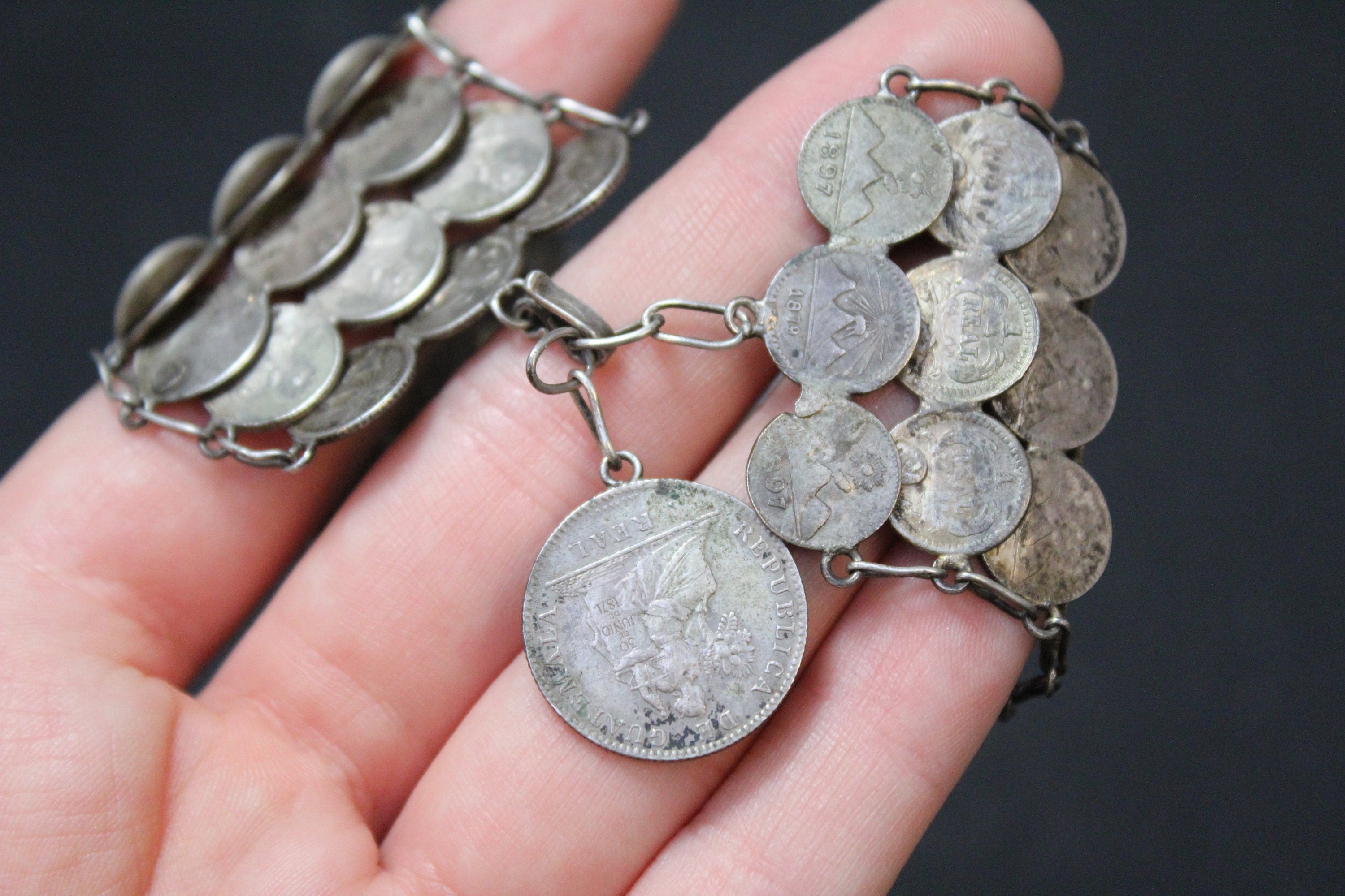 Heavy Sterling Silver 1800's Guatemala 1/4 Real Coin Link Bracelet ...