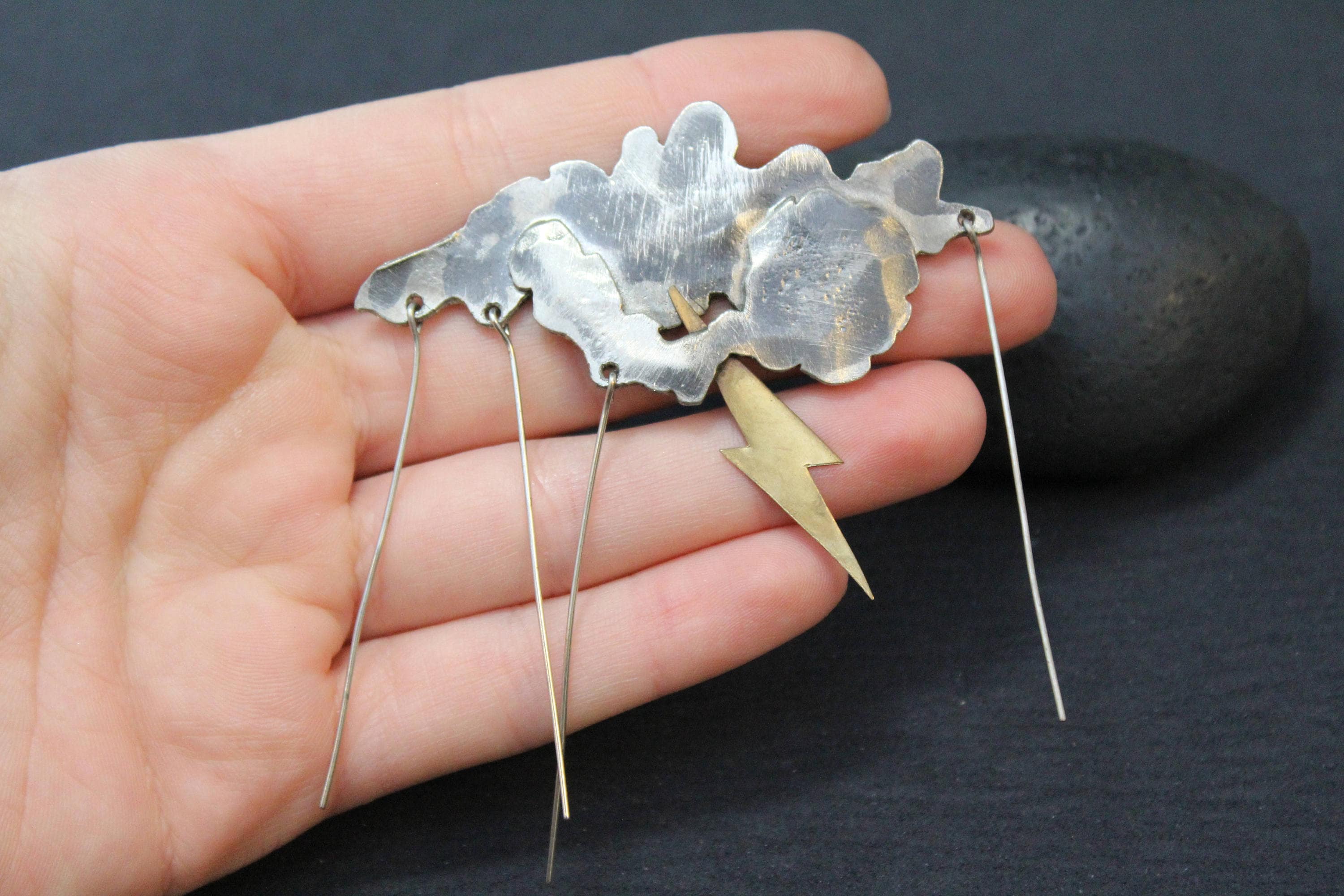 Mixed Metal Tin and Brass Storm Cloud Brooch, Lightning Pin, Quirky ...