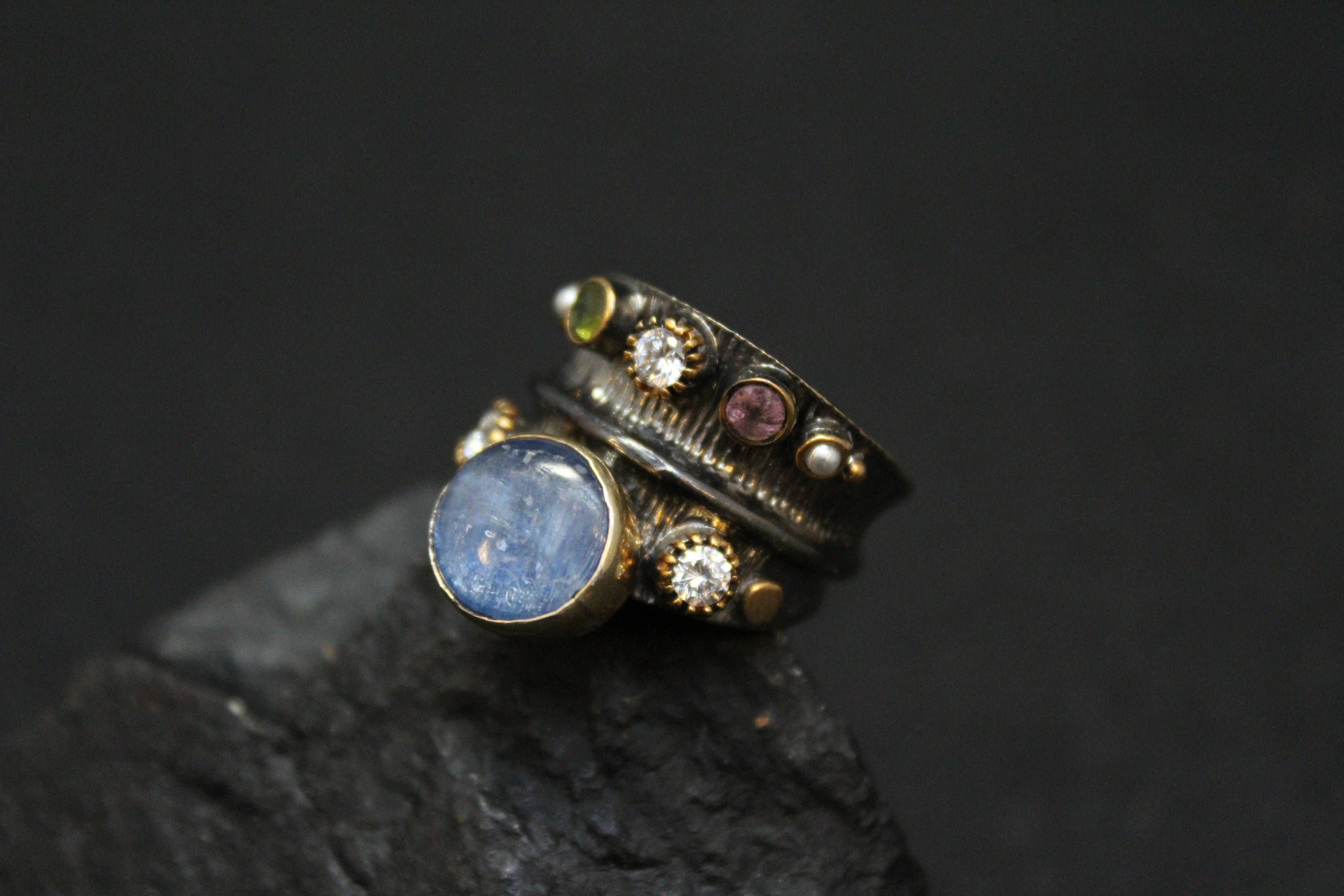 Oxidized Sterling Silver and Gold Gemstone Artisan Designer Ring ...