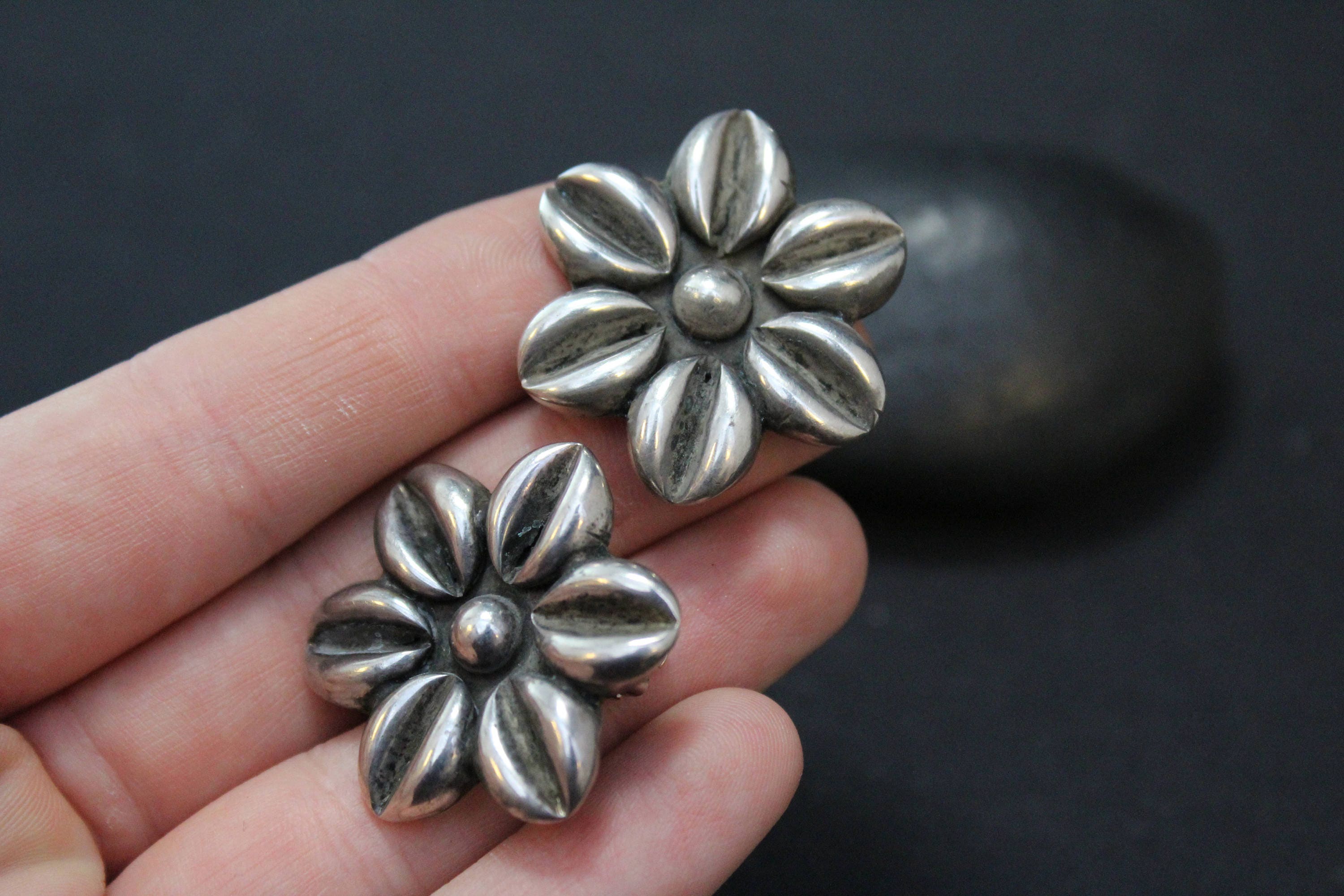 Sterling Silver Flower Clip On Earrings, Large Sterling Flower Earrings ...