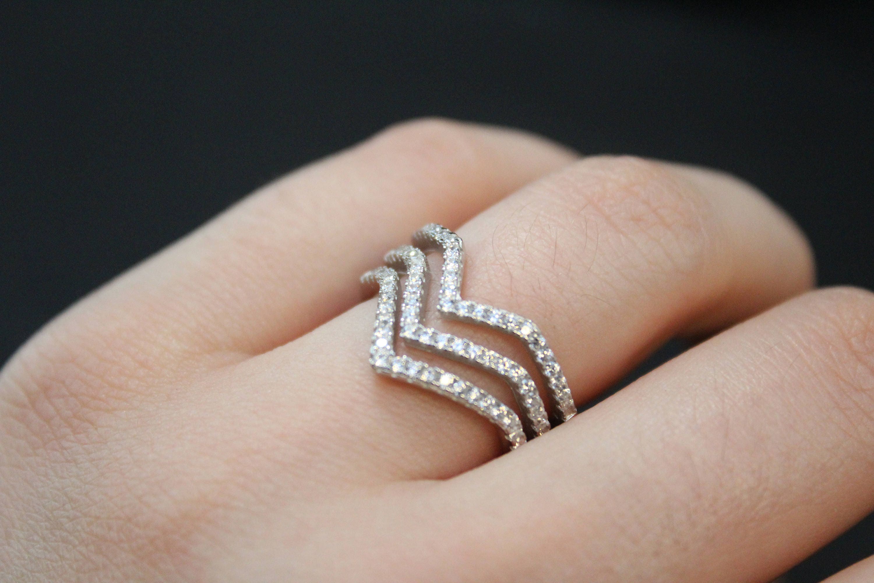 Sterling Silver Micro Pave Triple Strand V Ring, Sterling V Ring, V ...