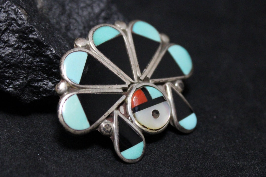 Sterling Silver Southwest Sun God Turquoise Onyx Coral Mother of Pearl ...