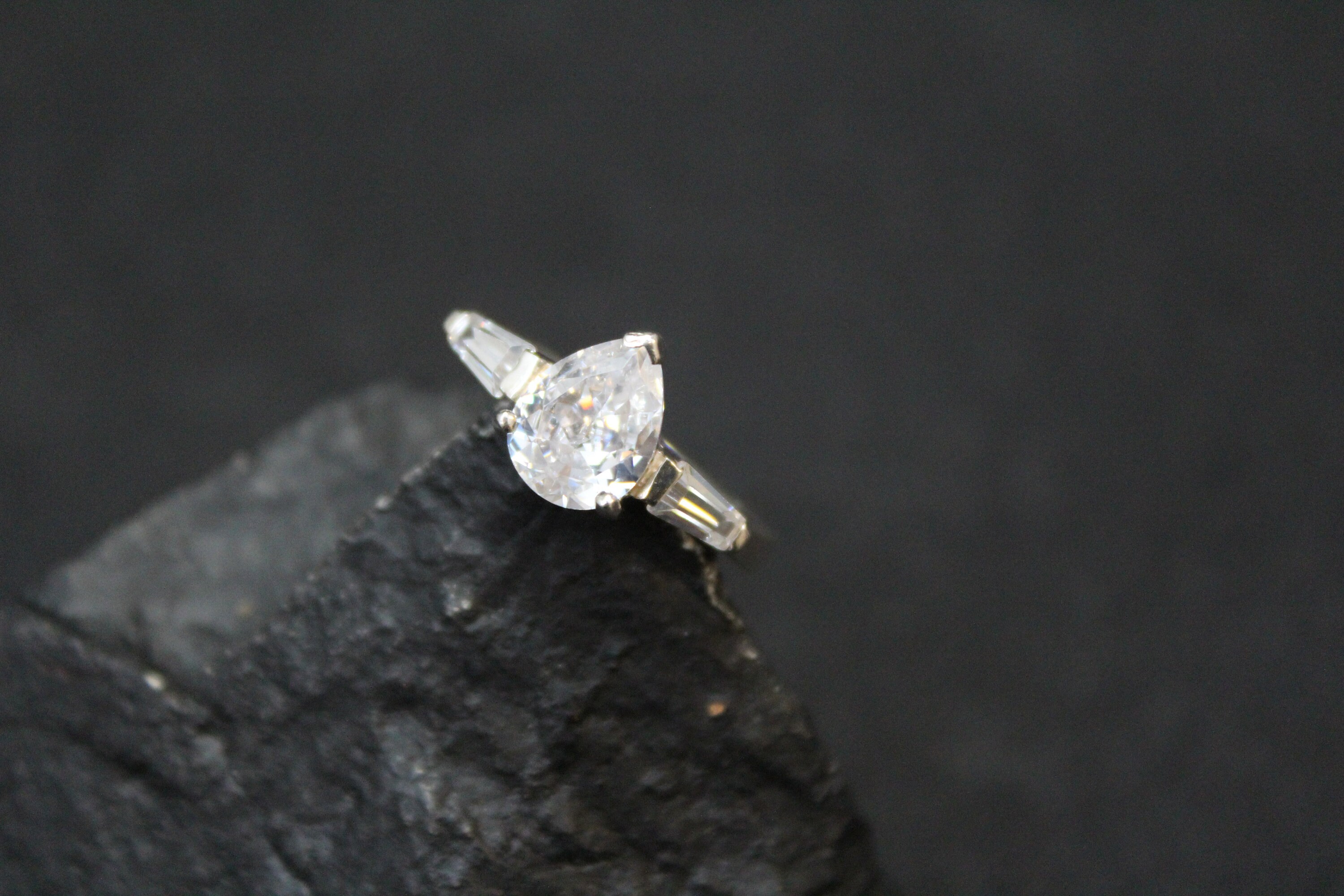 Sterling Silver Pear Shaped CZ Engagement Ring with Baguette Accents ...
