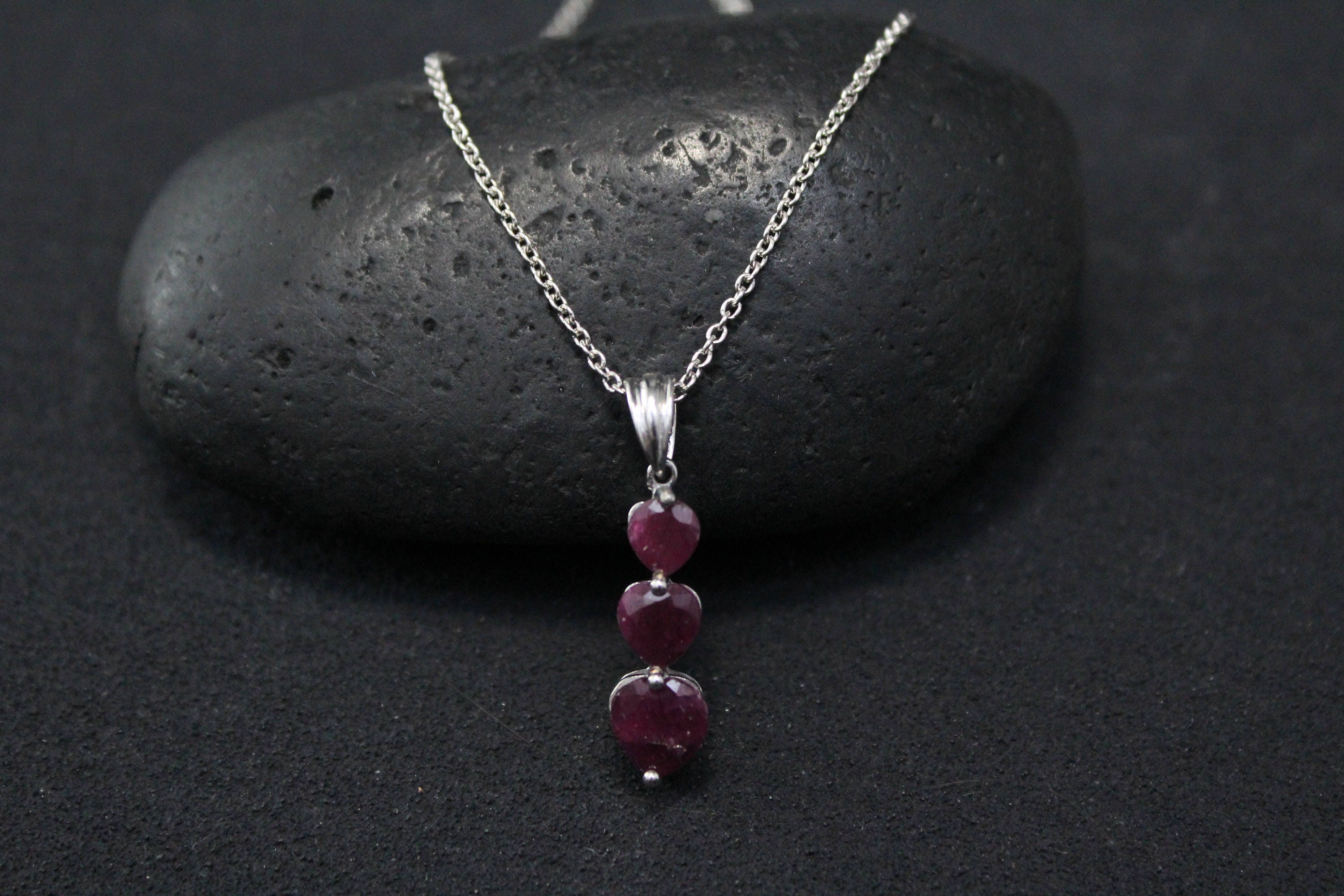 Sterling Silver Graduated Ruby Heart Necklace, Sterling Ruby Pendant ...