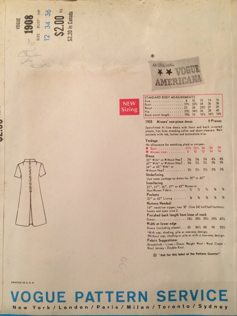 Vogue Americana 1908 One-piece Dress Oscar De La Renta Size 12 Unused ...