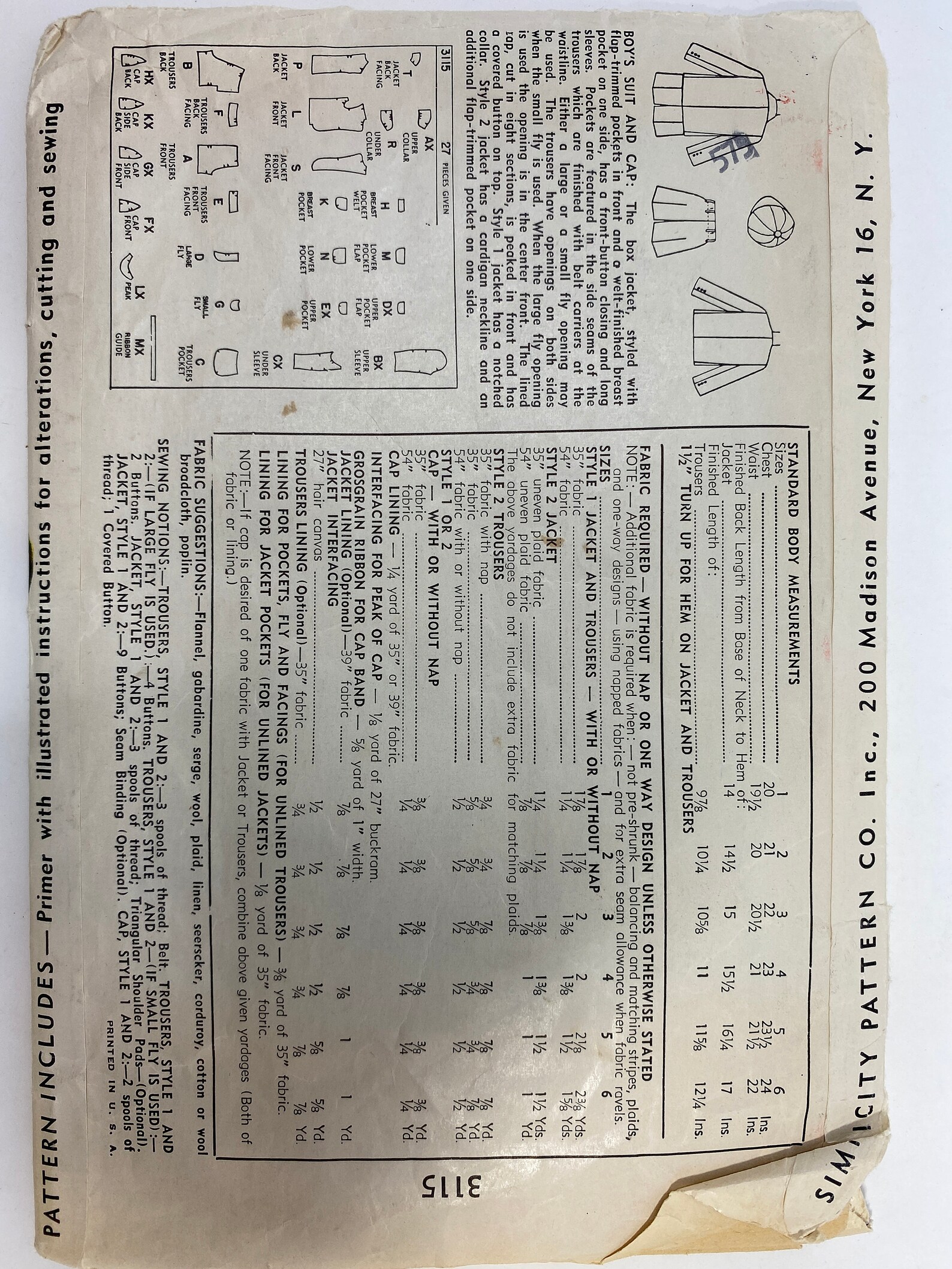 Simplicity Printed Pattern 3115 Boys Suit & Cap; Size 5, 1940's - Etsy