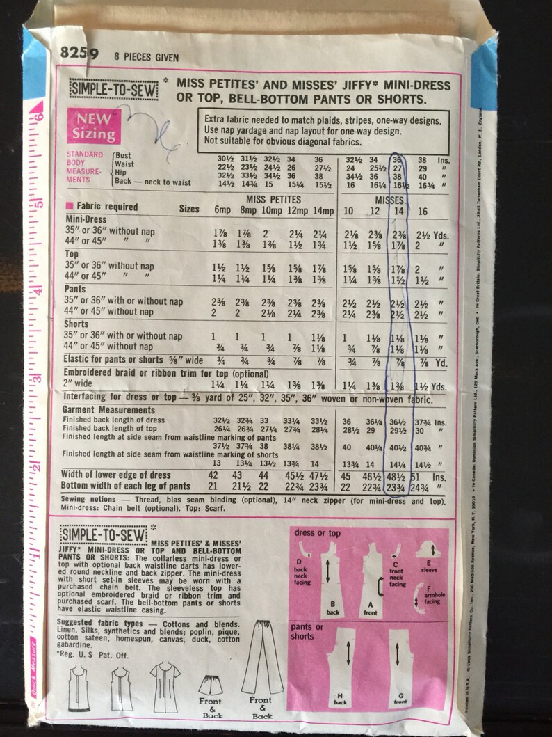 Simplicity 8259; ©1969; Simple-to-sew Misses' Petites & Misses' Jiffy ...