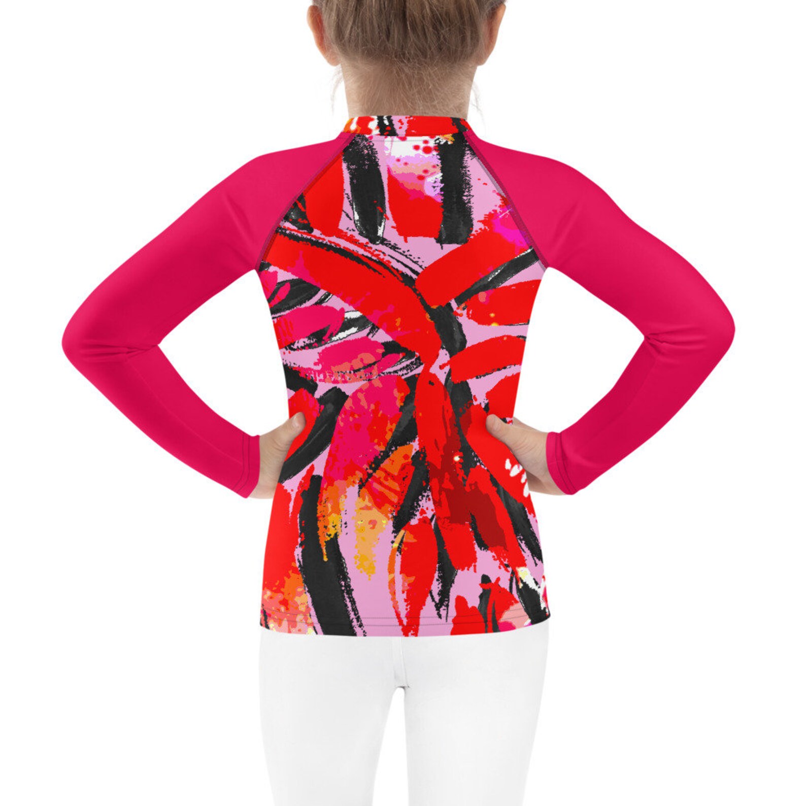 Cute Kids Rash Guard, Tropical Pattern, Pink and Red, Leaves Forest ...