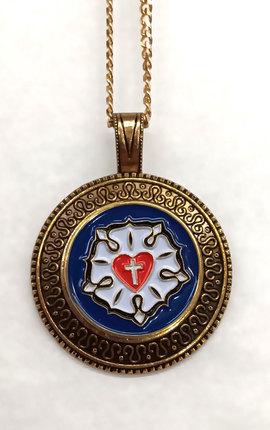 Handsome Red Blue & White Enameled Luther's Rose Symbol Round Sloped ...