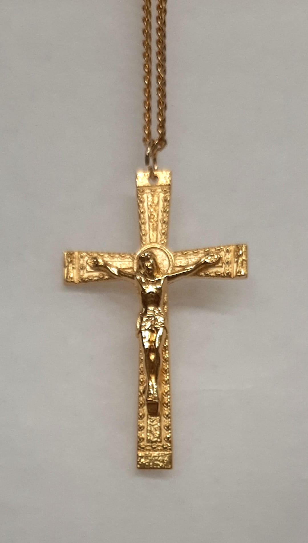 Handsome Slender Bead Rimmed Sloped Arm Goldtone Crucifix Cross ...