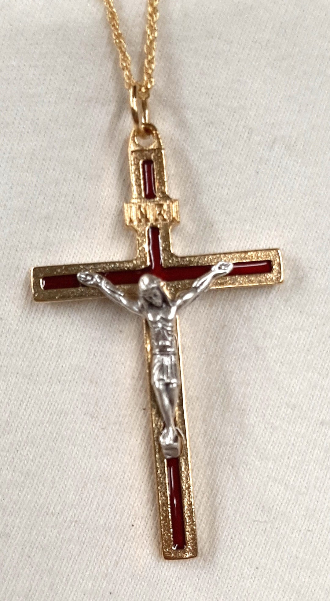 Handsome Slender Shiny Red Finished Ridged Goldtone Crucifix Cross ...