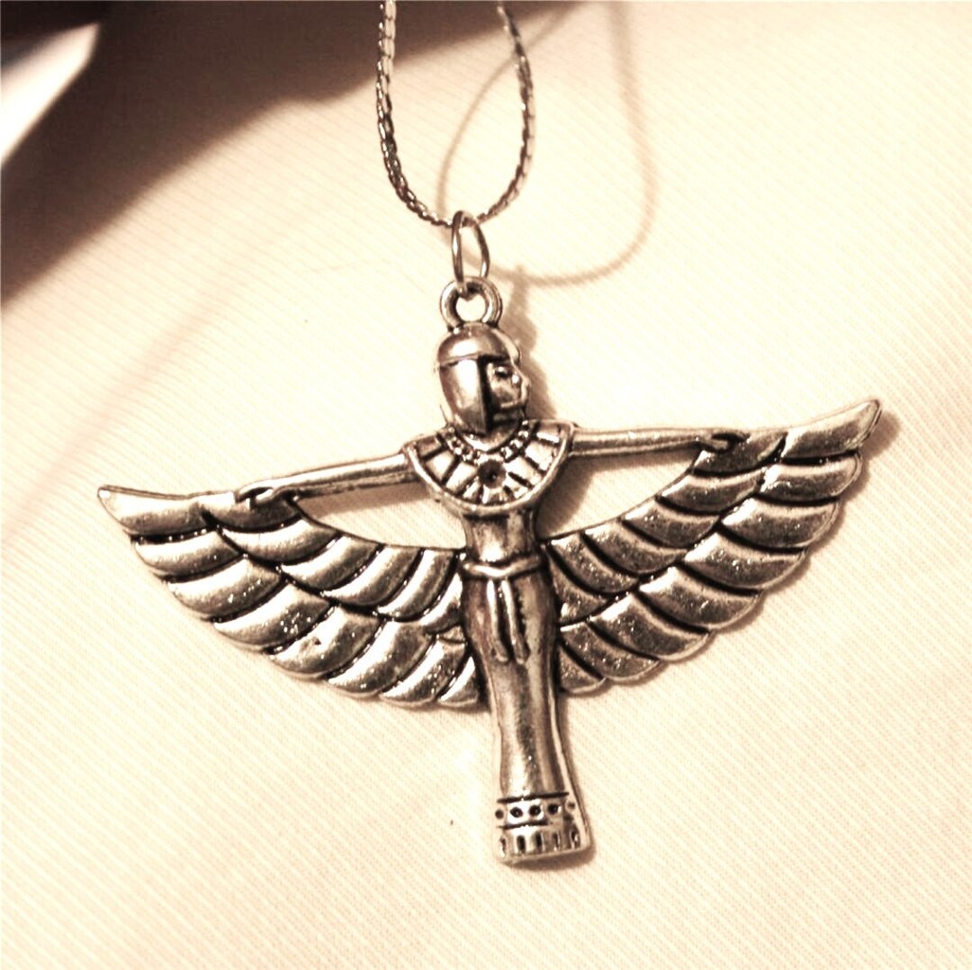 Striking Etch Detailed Egyptian-inspired Winged Goddess Women's Empowerment Silvertone Pendant ...