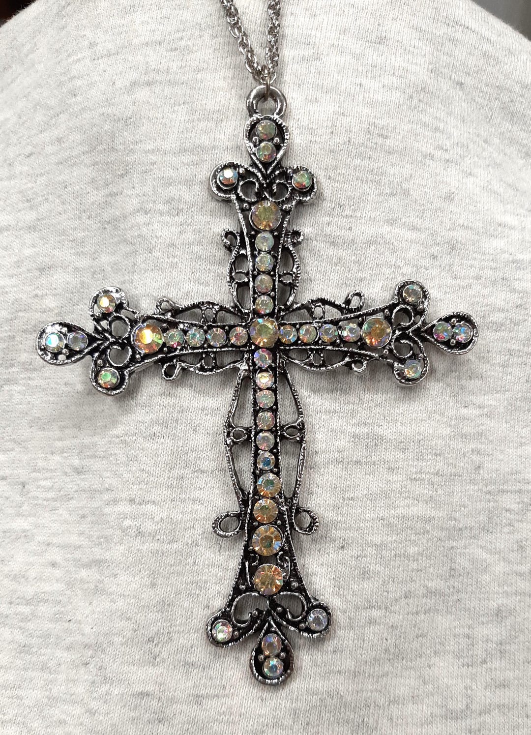Large Filigreed Openwork Lacy Swirled Aurora Borealis Rhinestones Cross ...