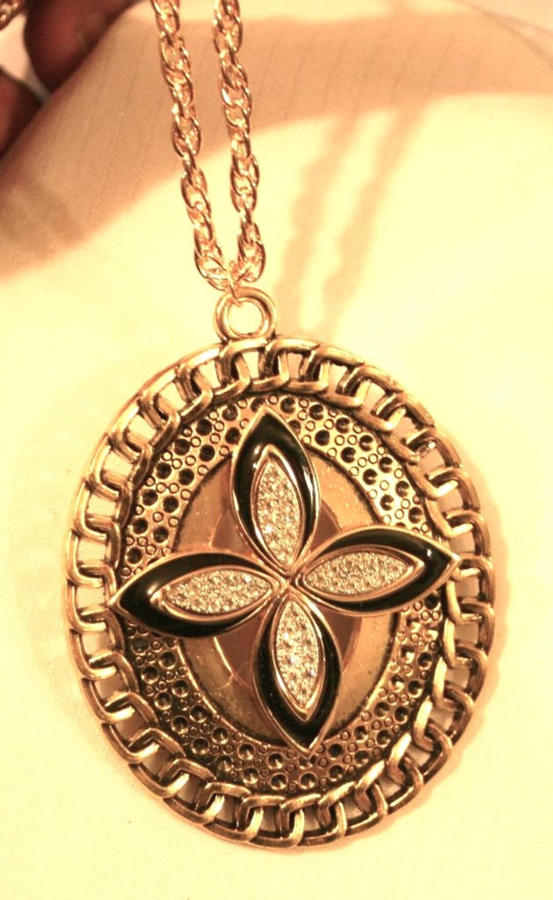 Striking Large Heavy Chain Link Black Enamel Sculpted Rhinestone Cross ...