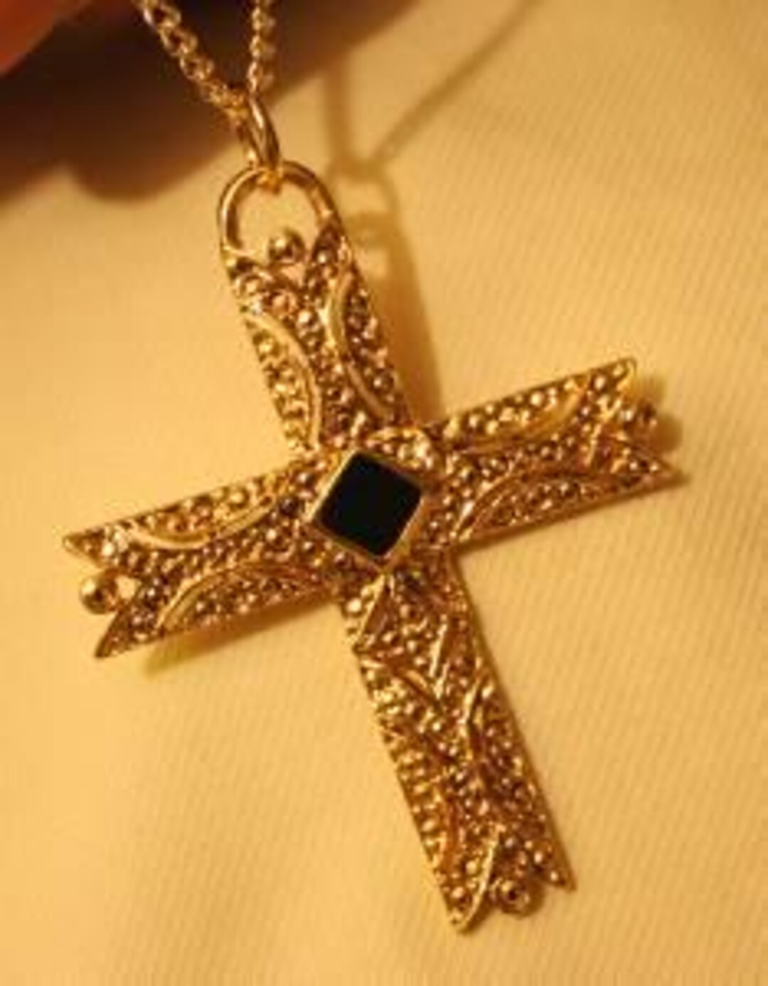 Lovely Truncated Swirl Textured Black Enamel Filigree Goldtone Cross ...